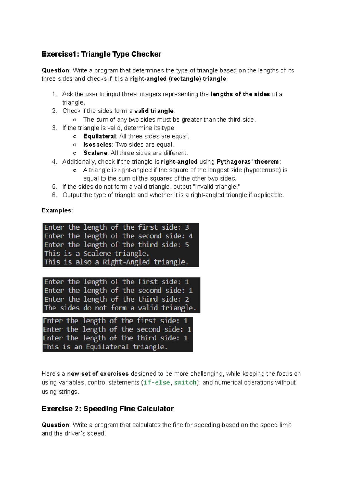 Practice exercises lab2 - Exercise1: Triangle Type Checker Question ...