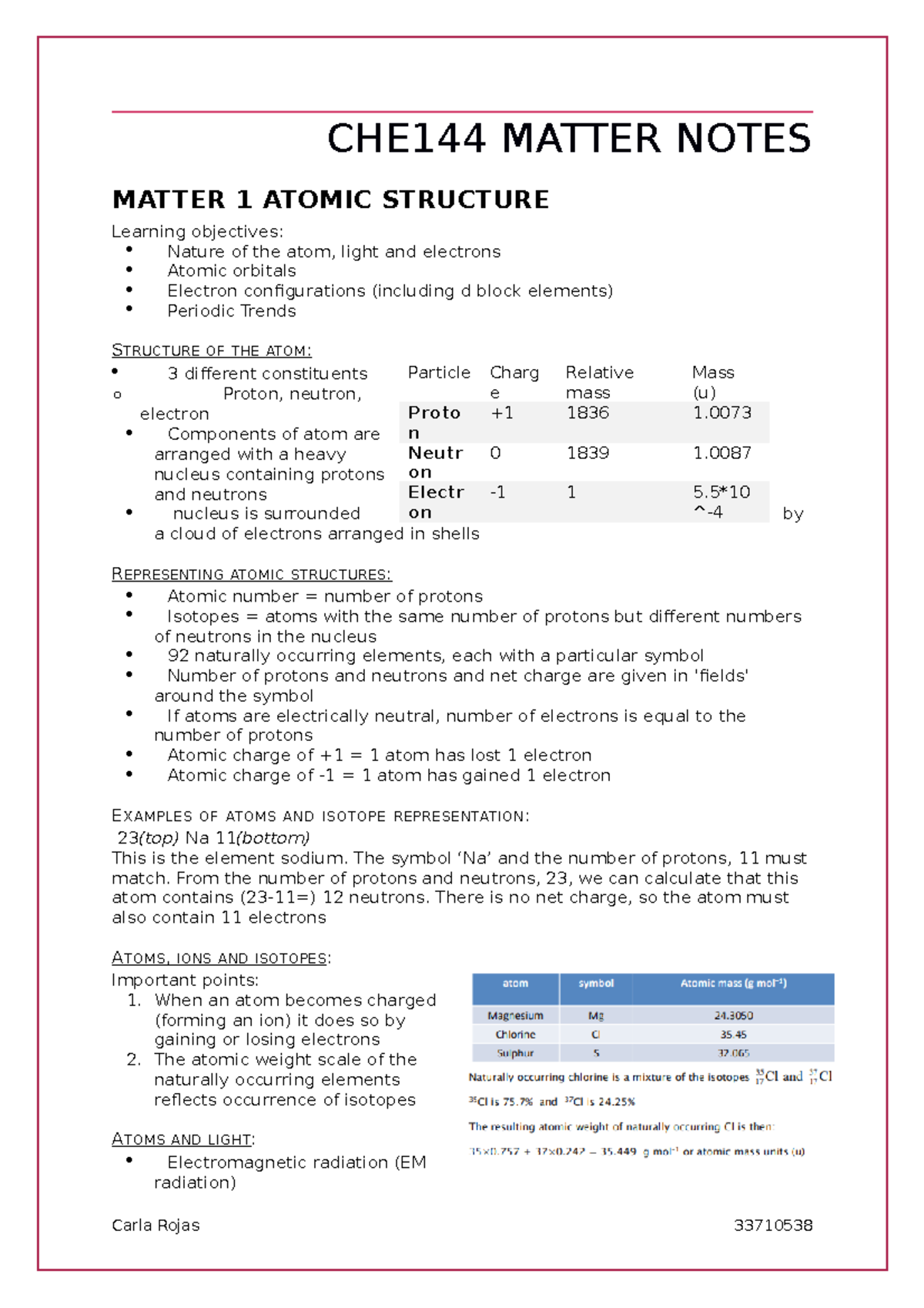 CHE144 Matter Notes - CHE144 MATTER NOTES MATTER 1 ATOMIC STRUCTURE ...