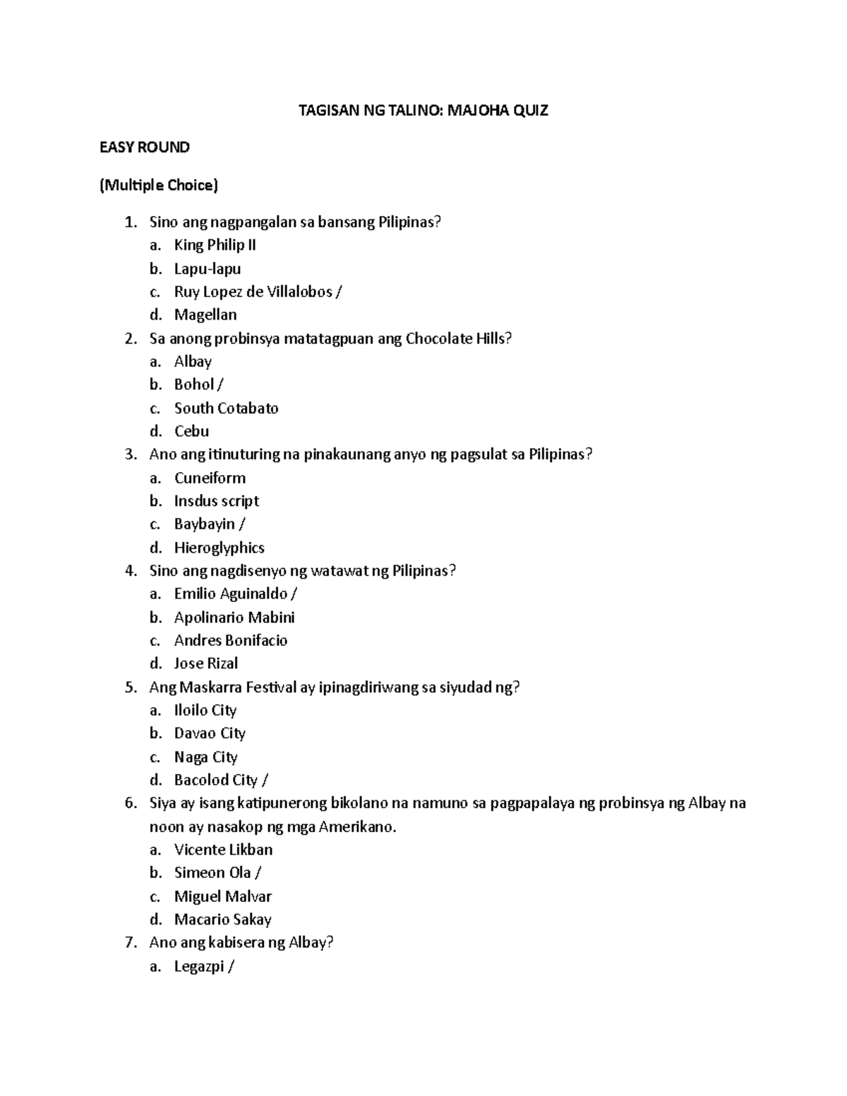 Majoha Quiz Questions - SOCIAL STUDIES - TAGISAN NG TALINO: MAJOHA QUIZ ...