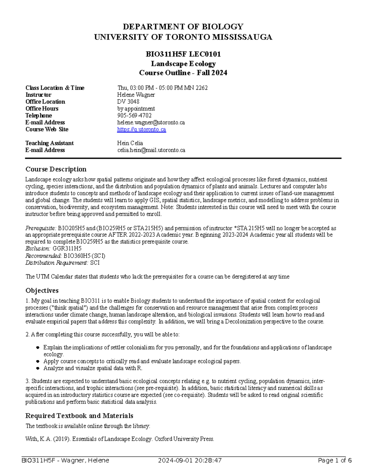 20249 BIO311H5F LEC0101 syllabus - BIO 311 - U of T - Studocu