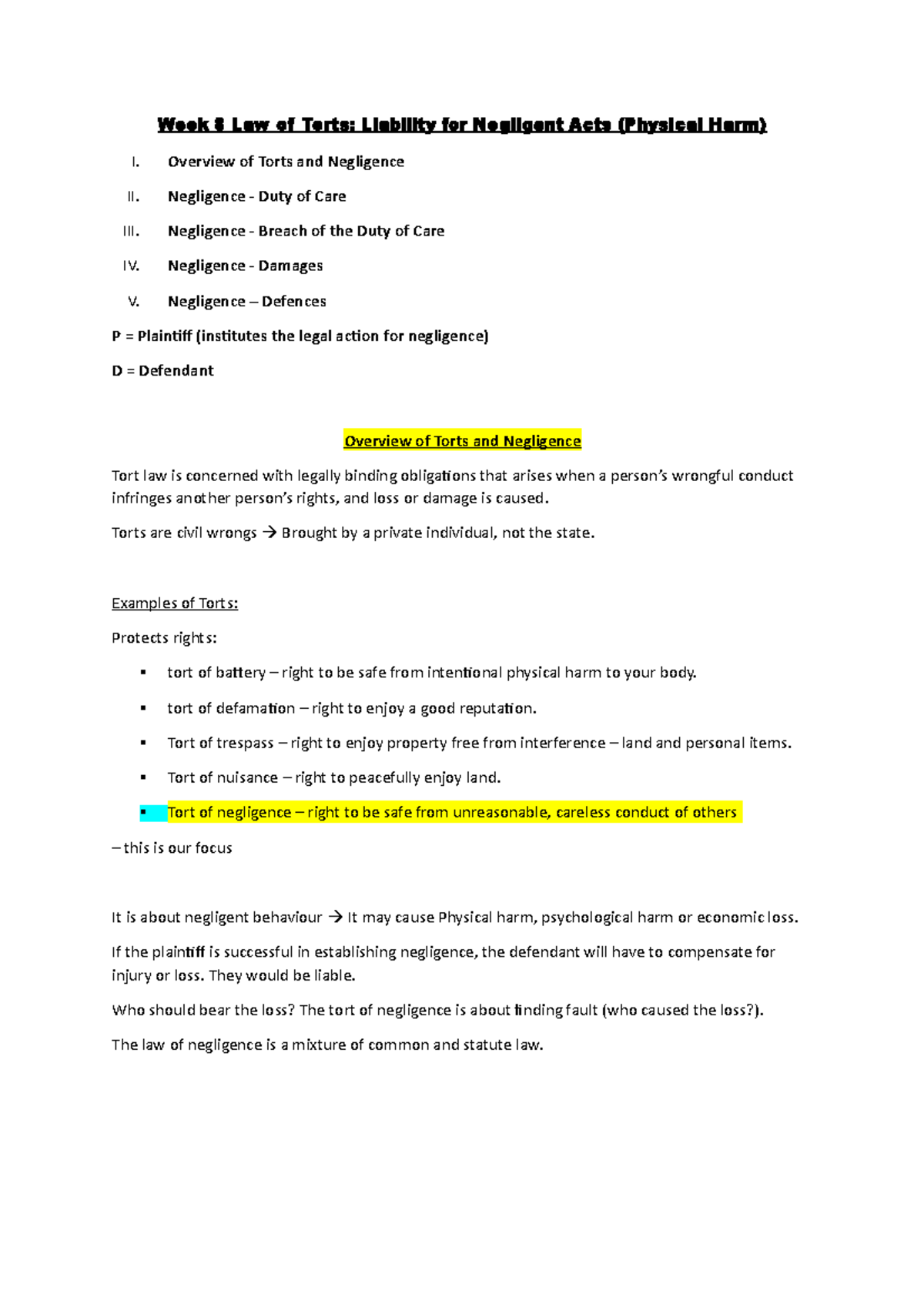 Week 8 Law of Torts - LAW2450 - RMIT University - Studocu