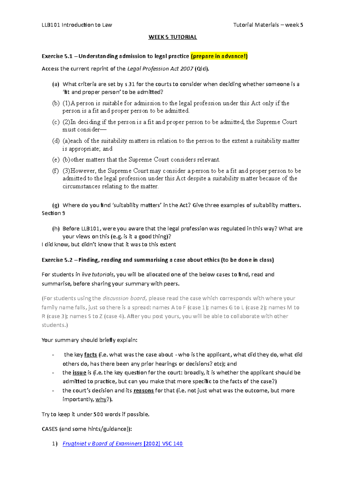 Week 5 Tutorial 2 Notes On Tut Llb101 Introduction To Law Tutorial Materials Week 5 Week