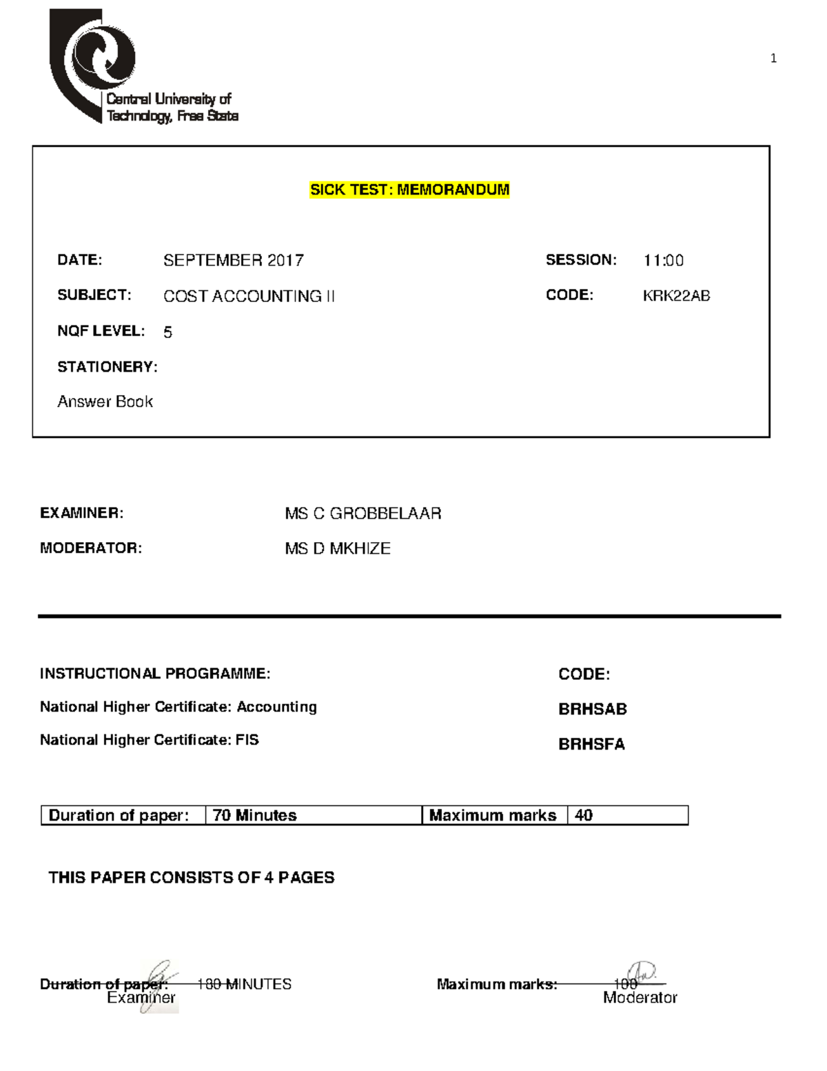 KRK22AB - Sick Test solution - Sept 2017 - CFIM317 - CUT - Studocu
