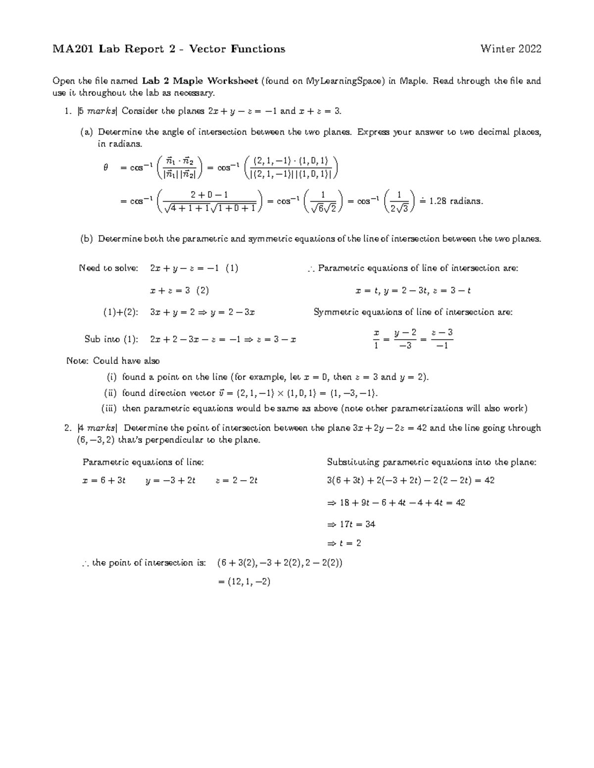 201 Lab 2 - MA201 Lab 2 - MA201 Lab Report 2 - Vector Functions Winter 2022 Open the file ...