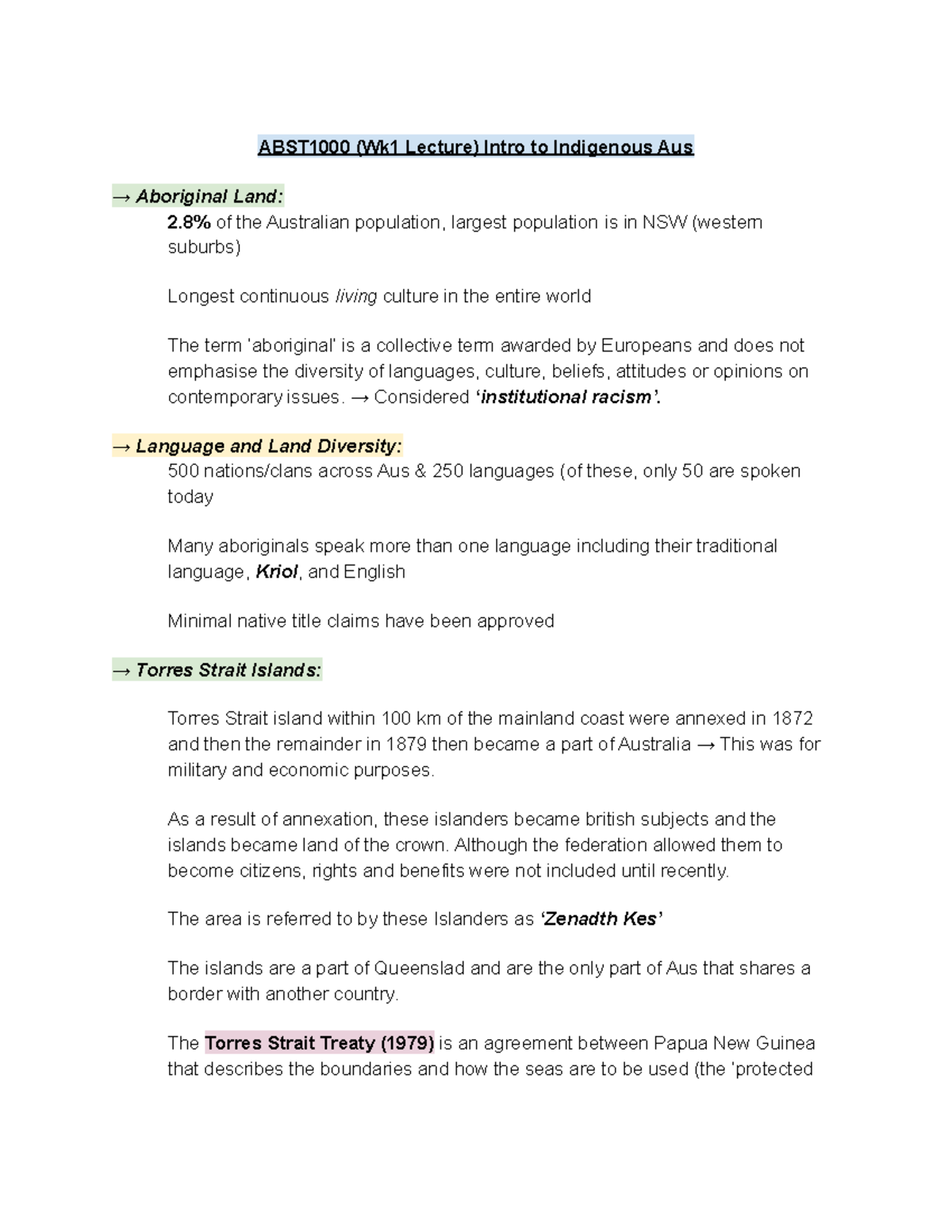 ABST1000 Introduction to Indigenous Australia (Entire Lecture Notes ...