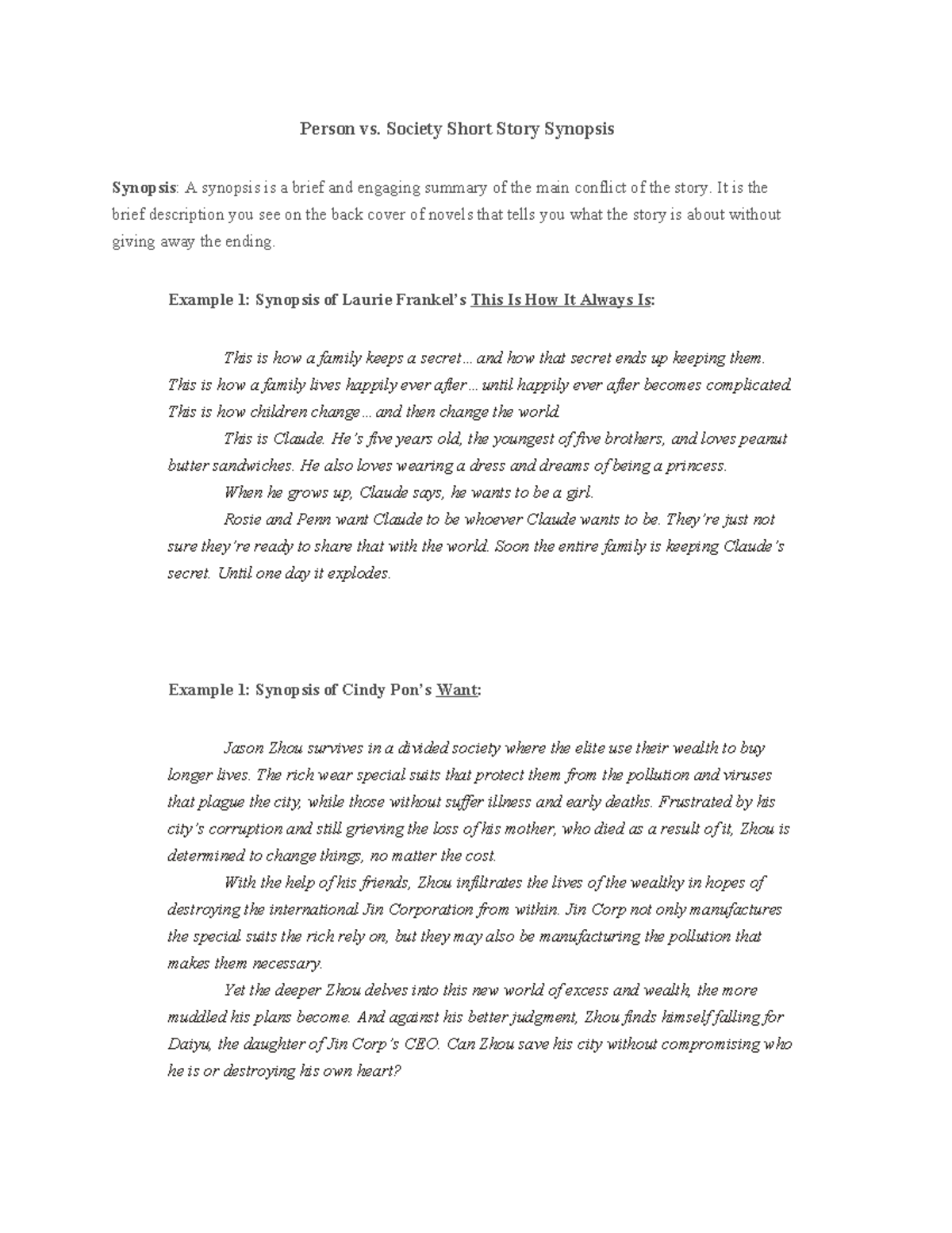 Story synopsis story planning-1 - Person vs. Society Short Story ...