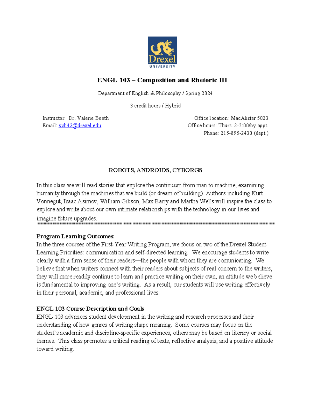 ENGL 103 Syllabus SP 2024 - ENGL 103 – Composition and Rhetoric III ...