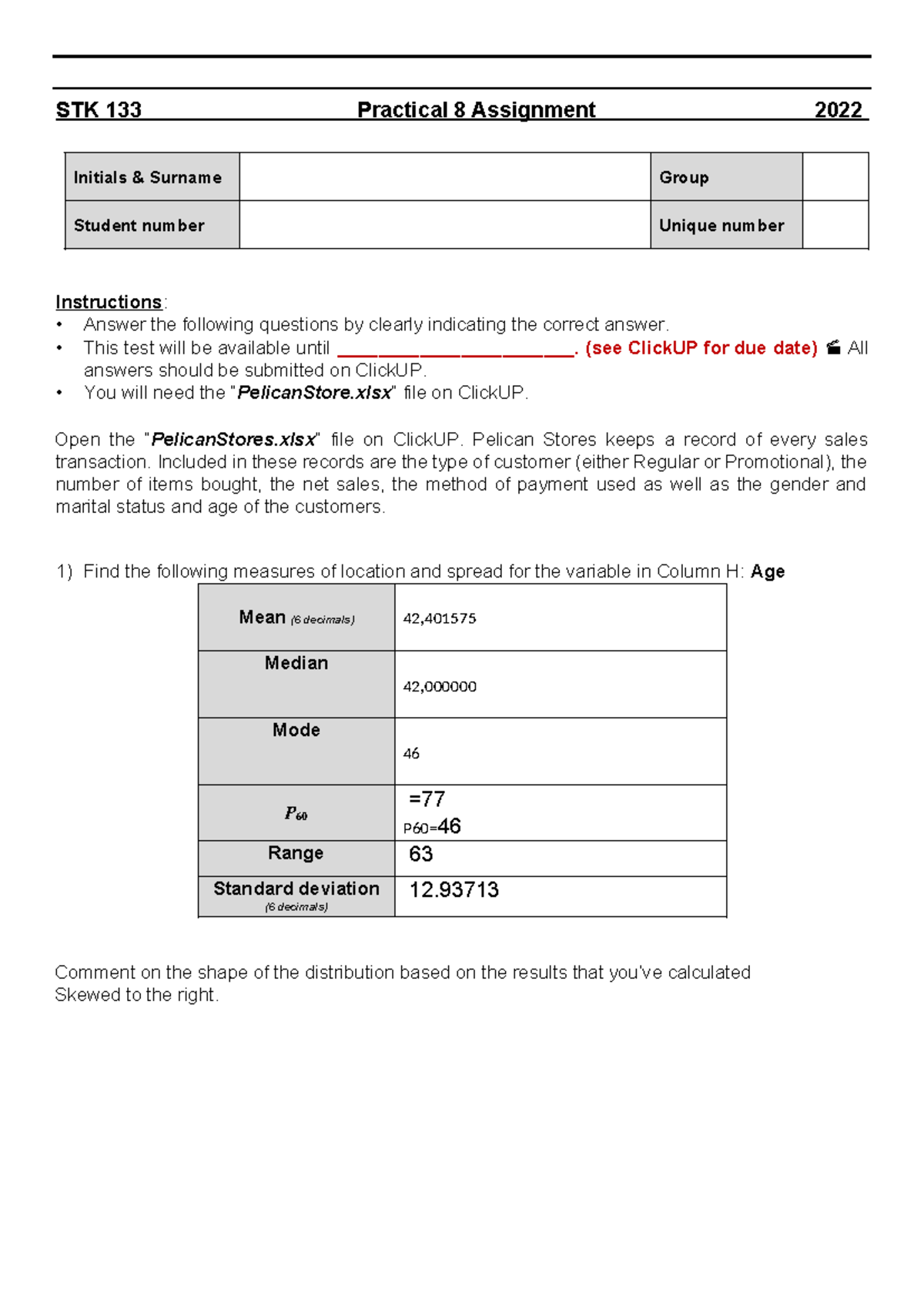 STK133 - Practical 8 Assignment - 2022 - STK 133 Practical 8 Assignment 2022 Initials & Surname ...