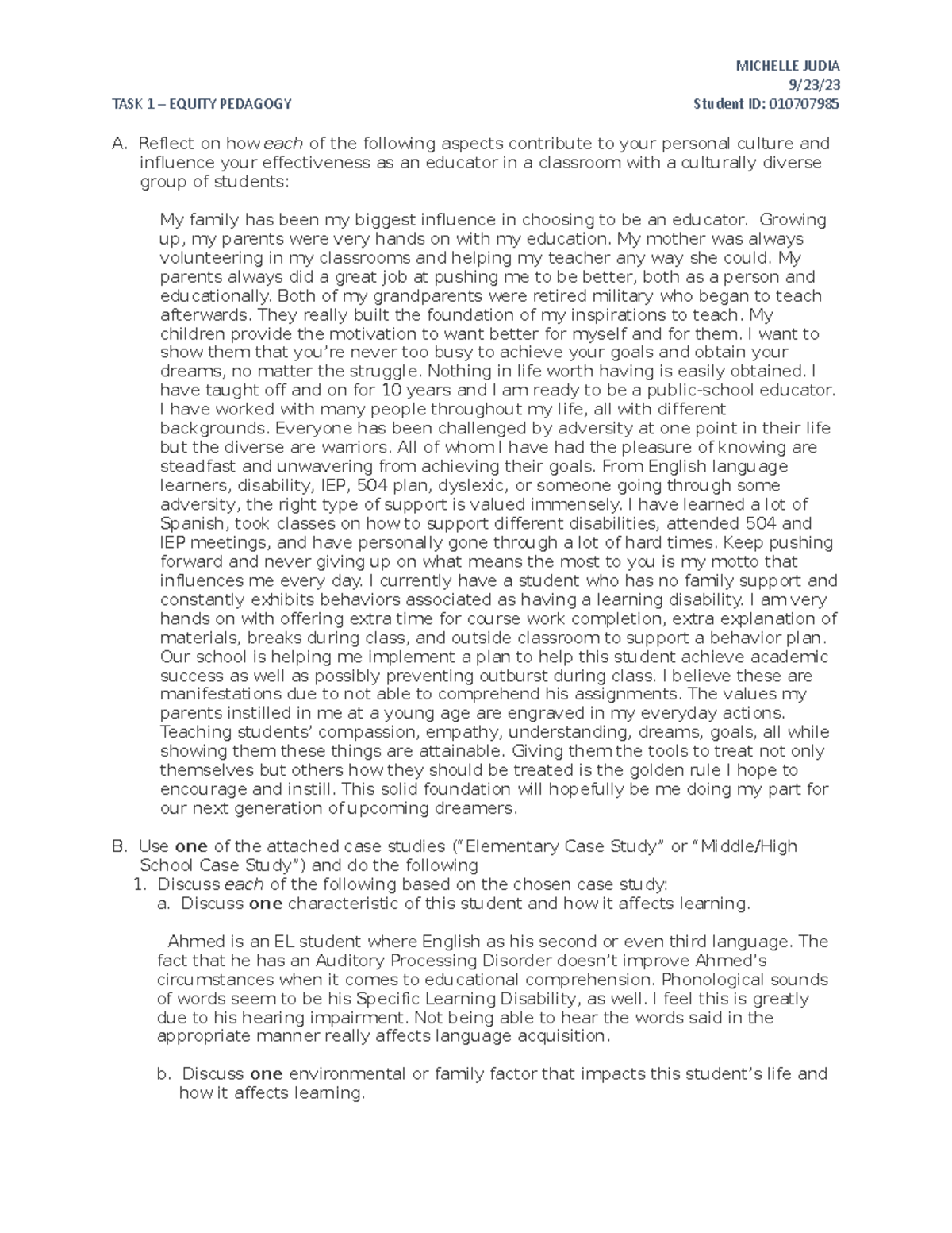 Task 1 - Diverse Learners - MICHELLE JUDIA 9/23/ TASK 1 – EQUITY ...