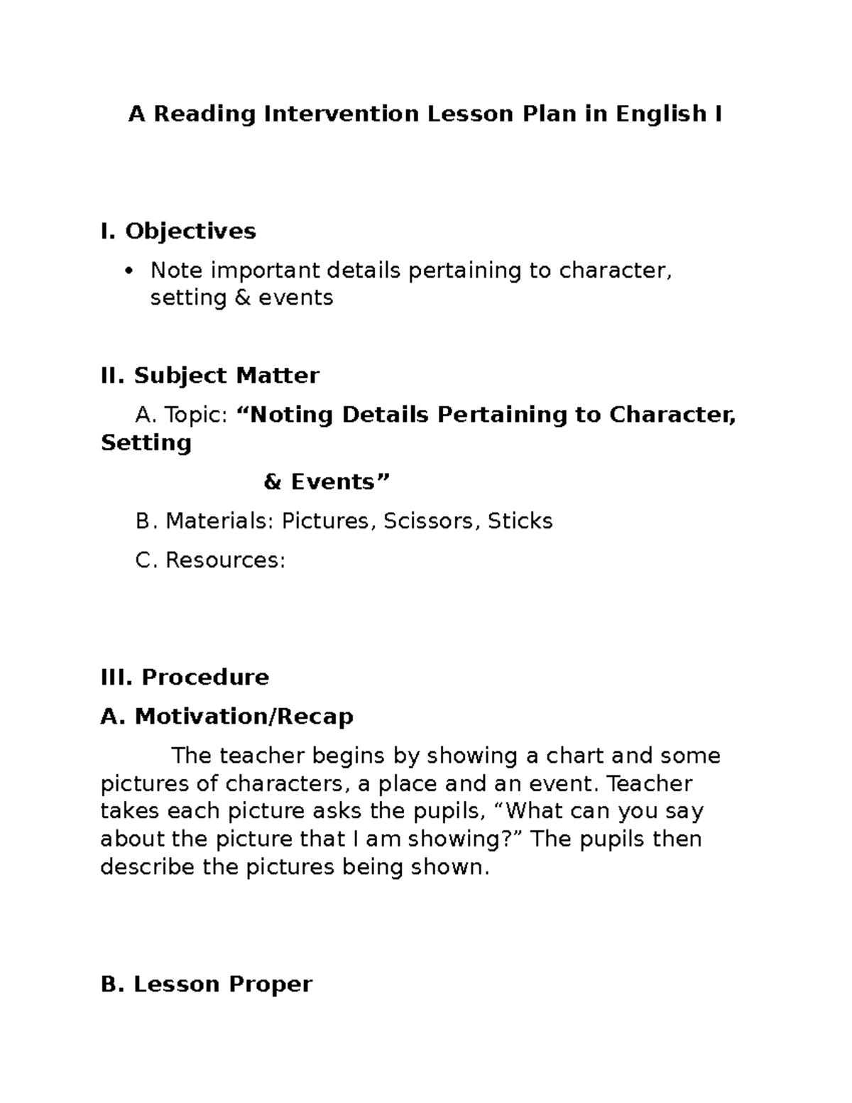 A Reading Intervention Lesson Plan In English I Objectives Note 