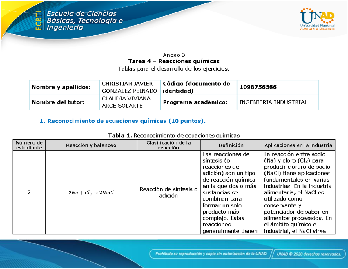 Tarea 4 G263 Quimica - Anexo 3 Tarea 4 – Reacciones químicas Tablas para el desarrollo de los ...