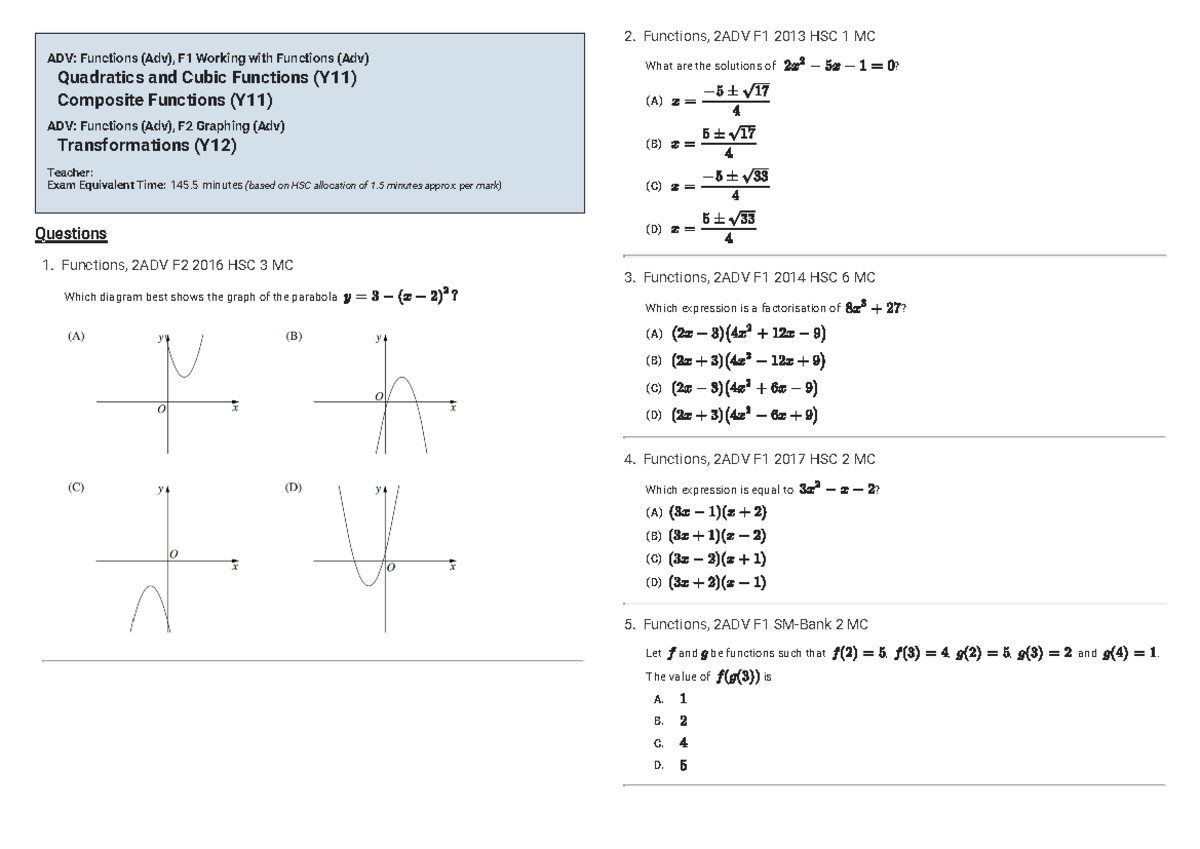 Graphing Technique HSC Questions - 1. Functions, 2ADV F2 2016 HSC 3 MC ...