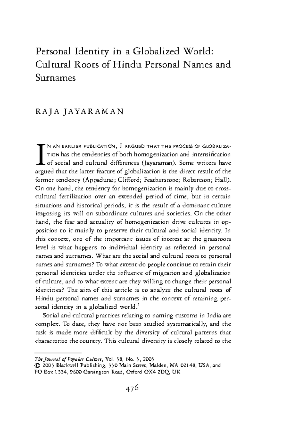 The J of Popular Culture - 2005 - Jayaraman - Personal Identity in a ...
