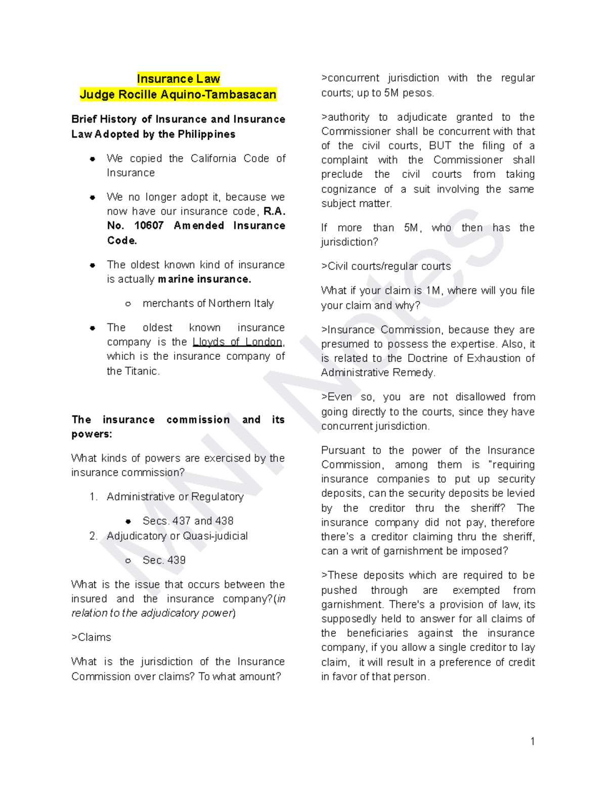 Insurance Law- Reviewer - MNI Notes Insurance Law Judge Rocille Aquino ...