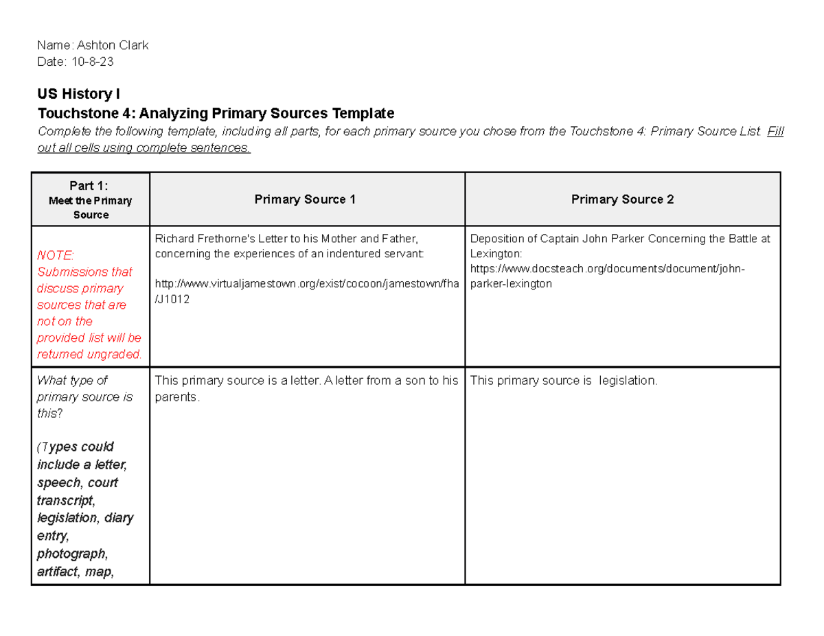 History 1 - Name: Ashton Clark Date: 10-8- US History I Touchstone 4 ...