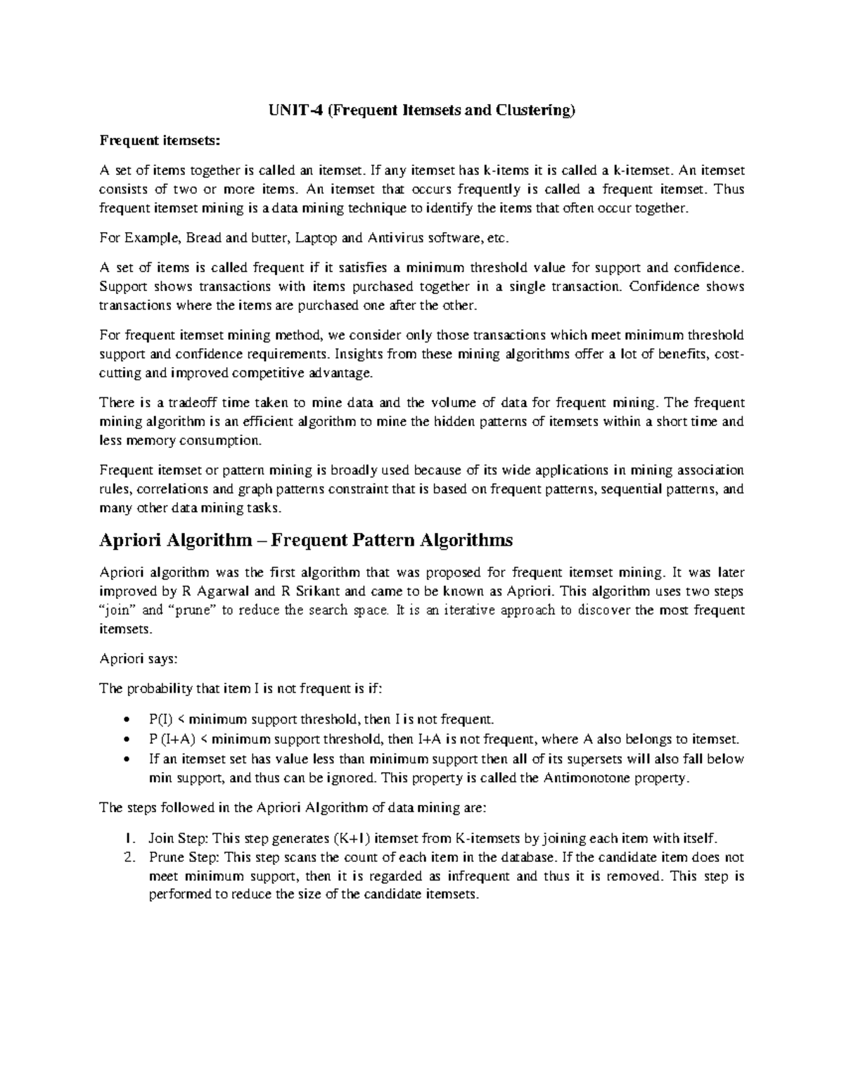 Ilide - UNIT-4 (Frequent Itemsets and Clustering) Frequent itemsets: A set of items together is ...