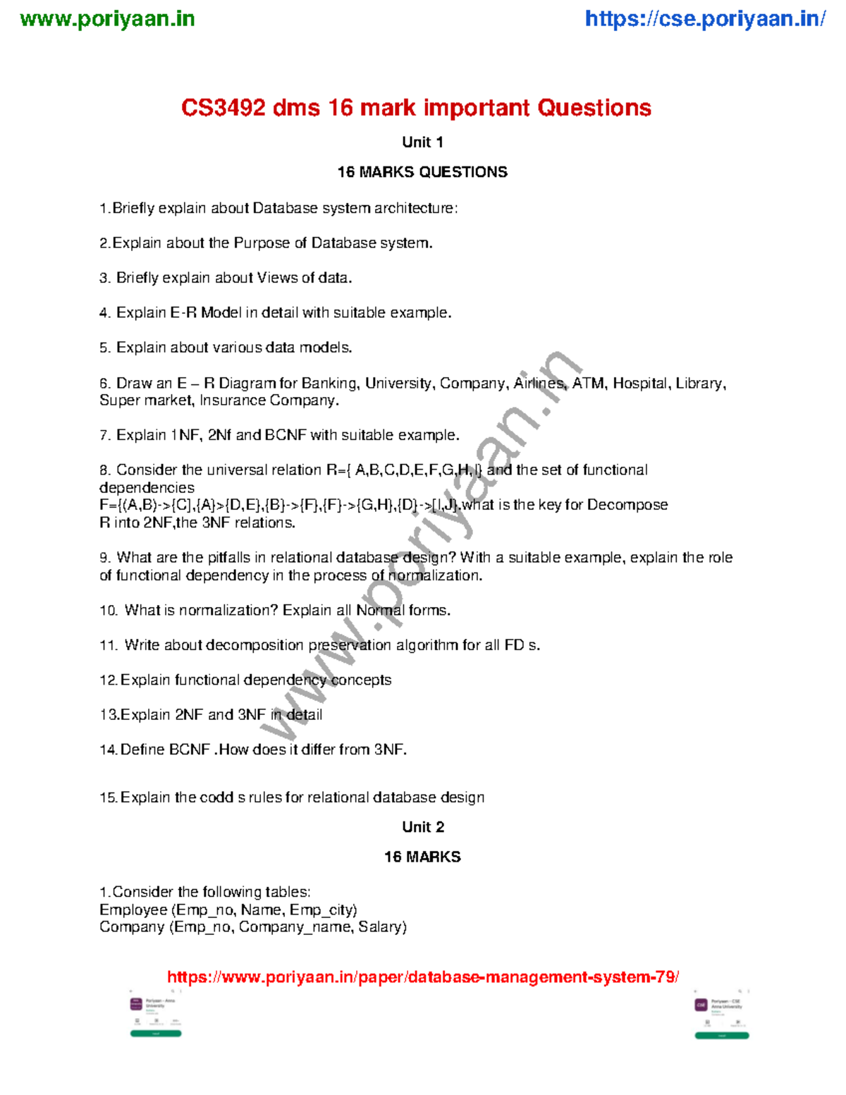 CS3492-DBMS - Important 16-Mark Questions - CS3492 dms 16 mark important Questions Unit 1 16 ...