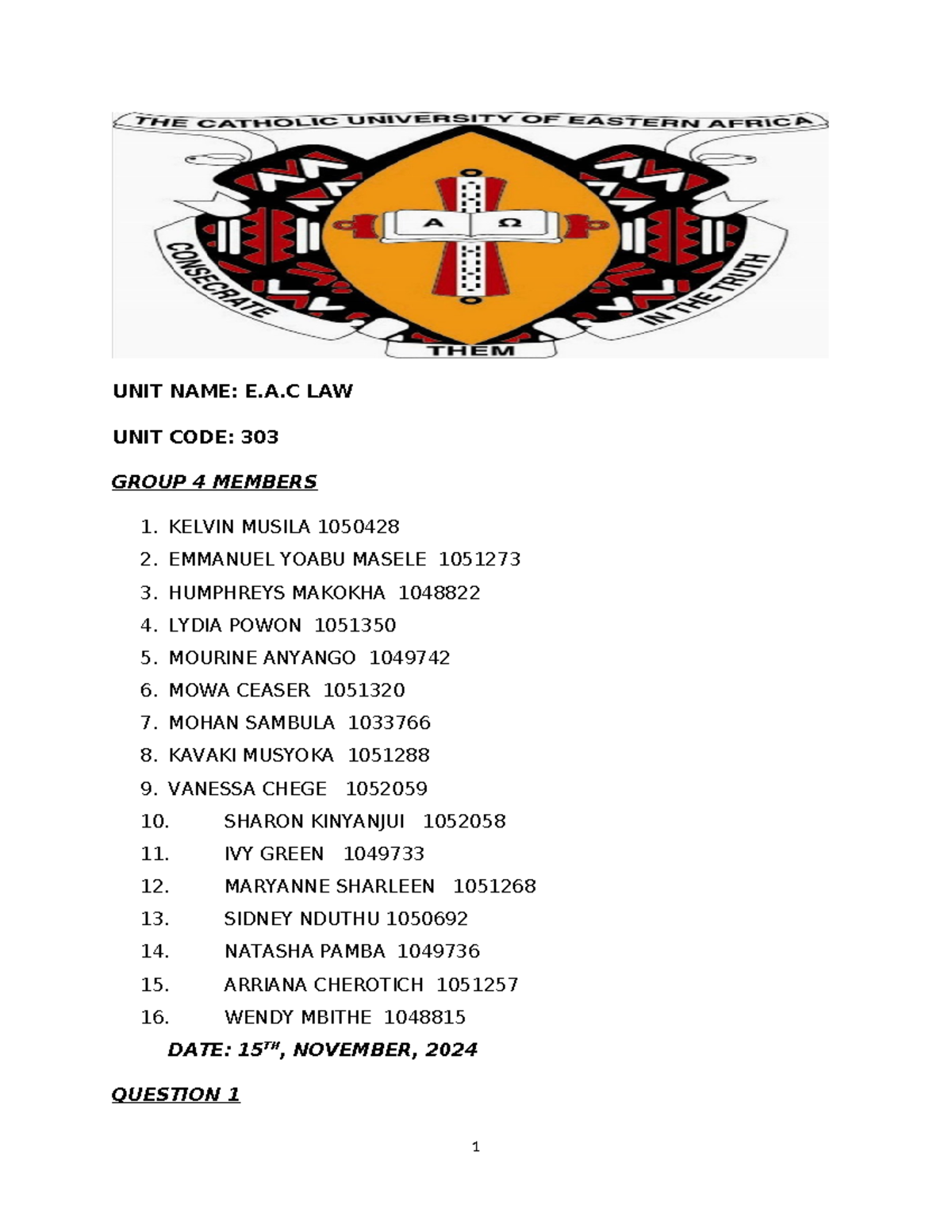 EAC CAT final doc - continuous assesment test - UNIT NAME: E.A LAW UNIT ...