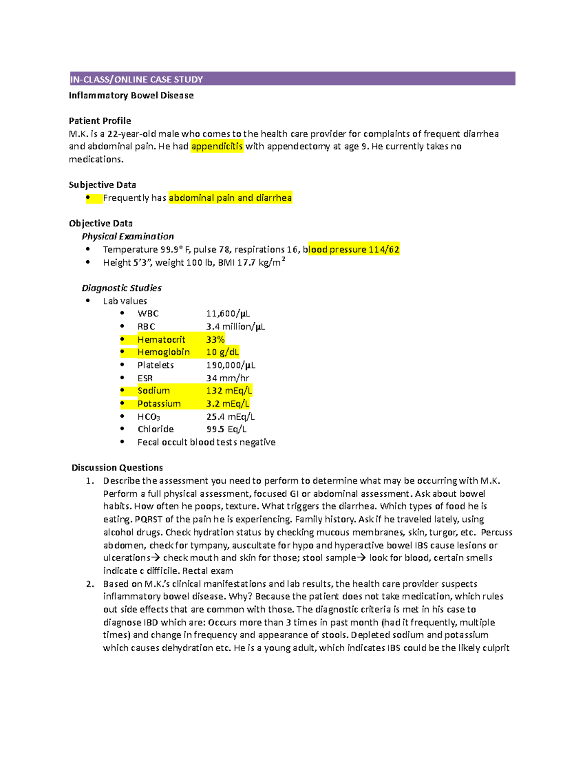 IBD case study Completed - IN-CLASS/ONLINE CASE STUDY Inflammatory ...