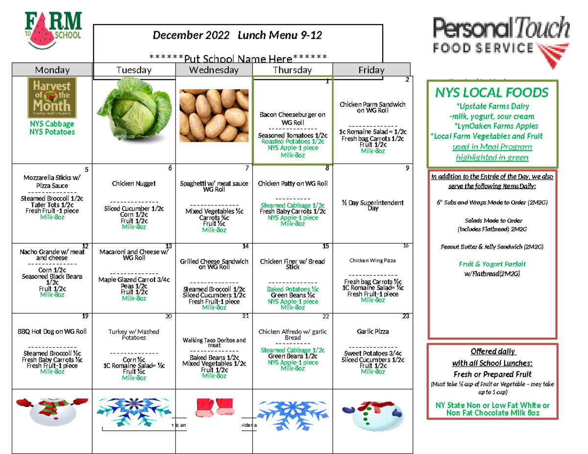 HM Lunch Menu 9-12 December 2022 3 - Menu is subject to change. NYS ...