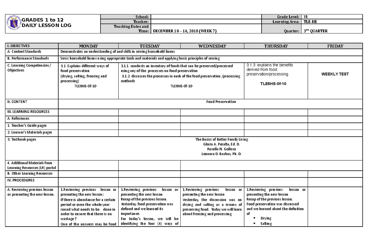 DLL TLE-HE 6 Q3 W7 - For you - GRADES 1 to 12 DAILY LESSON LOG School ...