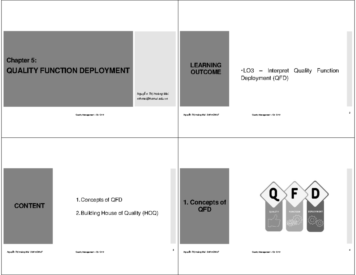 Chapter 5 - QFD - SADSA - Chapter 5: QUALITY FUNCTION DEPLOYMENT Nguyễn Thị Hoàng Mai - Studocu