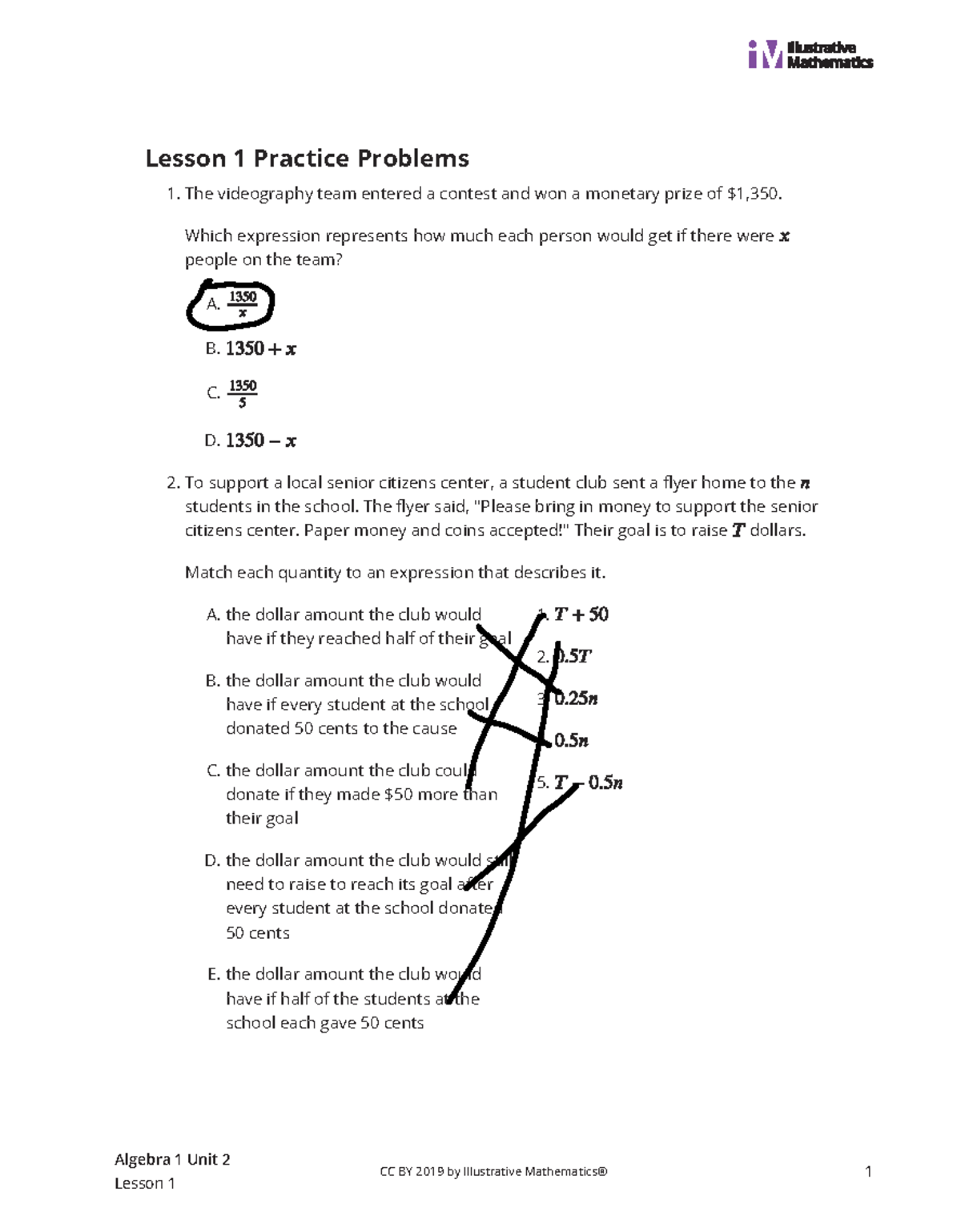 Algebra 1 2 1 Lesson curated practice problem set - Lesson 1 Practice ...
