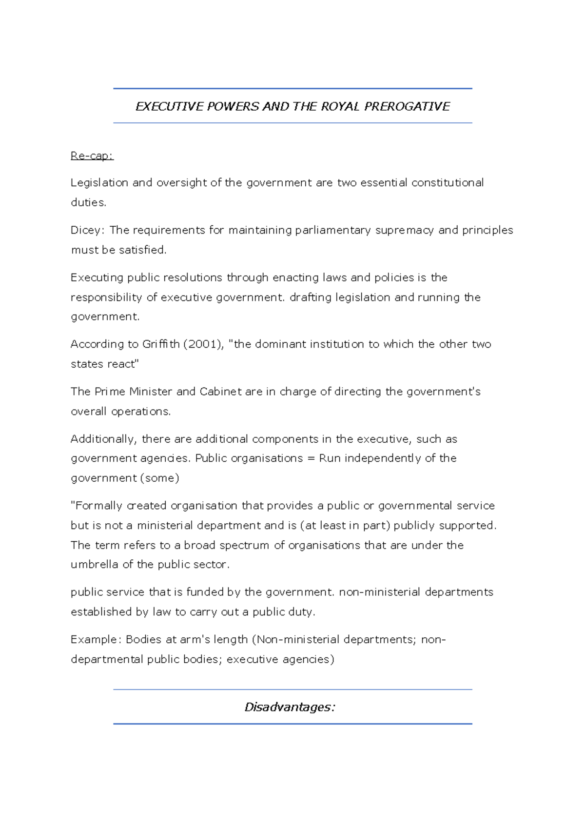 Executive powers - EXECUTIVE POWERS AND THE ROYAL PREROGATIVE Re-cap ...