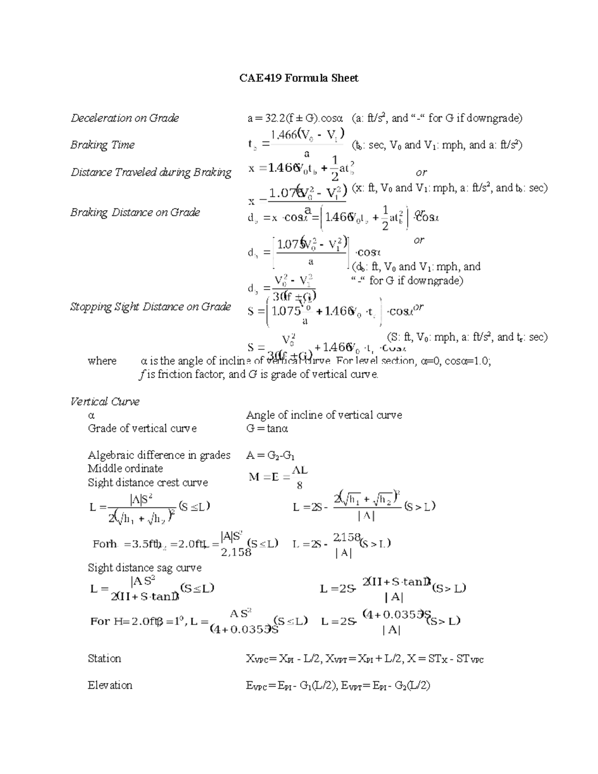 CAE419 final Fall-2015 Formula sheet - CAE419 Formula Sheet ...