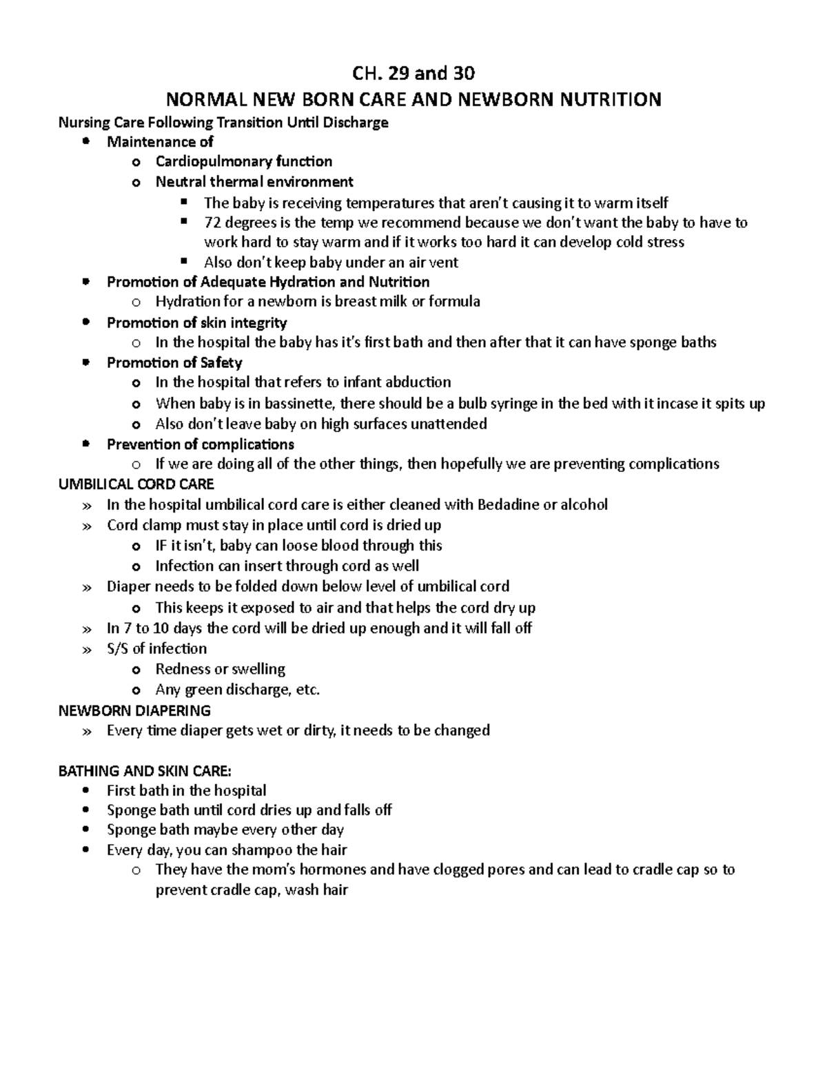 CH 29 and 30 - Class Notes - CH. 29 and 30 NORMAL NEW BORN CARE AND ...