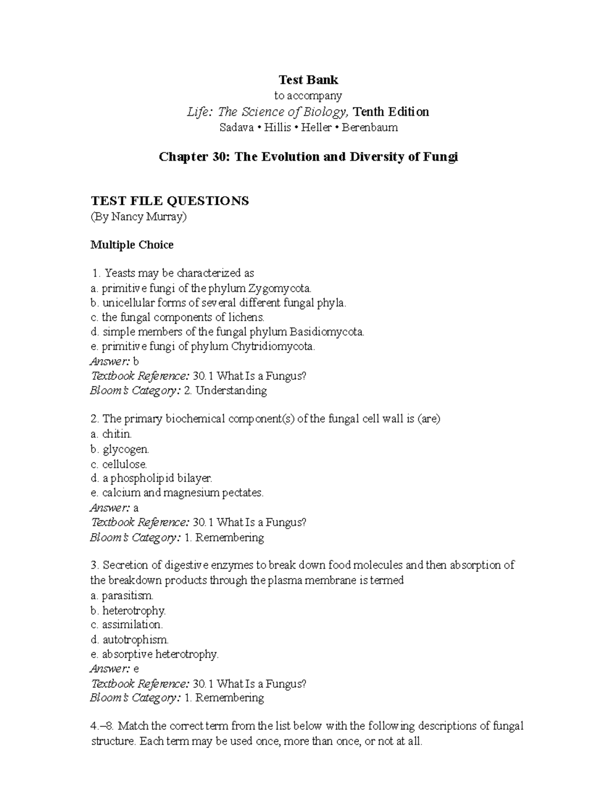 (LEC 13) Ch 30 Test Bank-The Evolution and Diversity of Fungi - Test ...