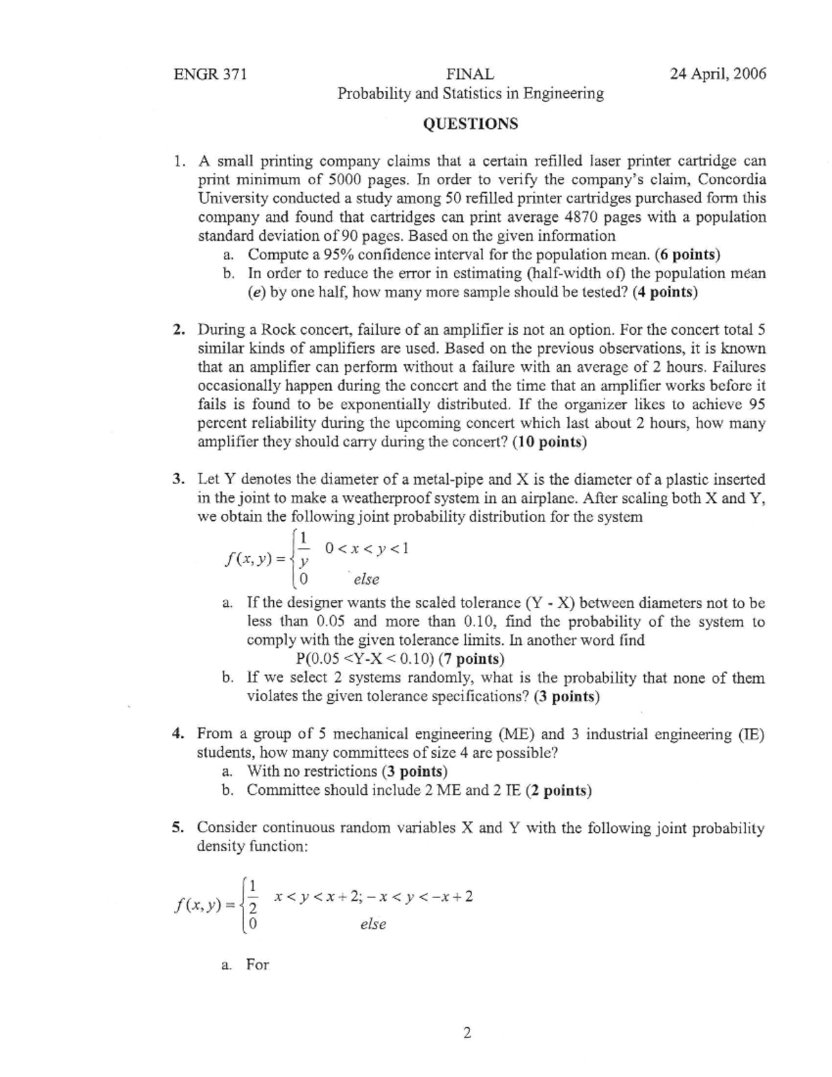 ENGR 371 Final Exam April - FINAL Probability and Statistics in ...
