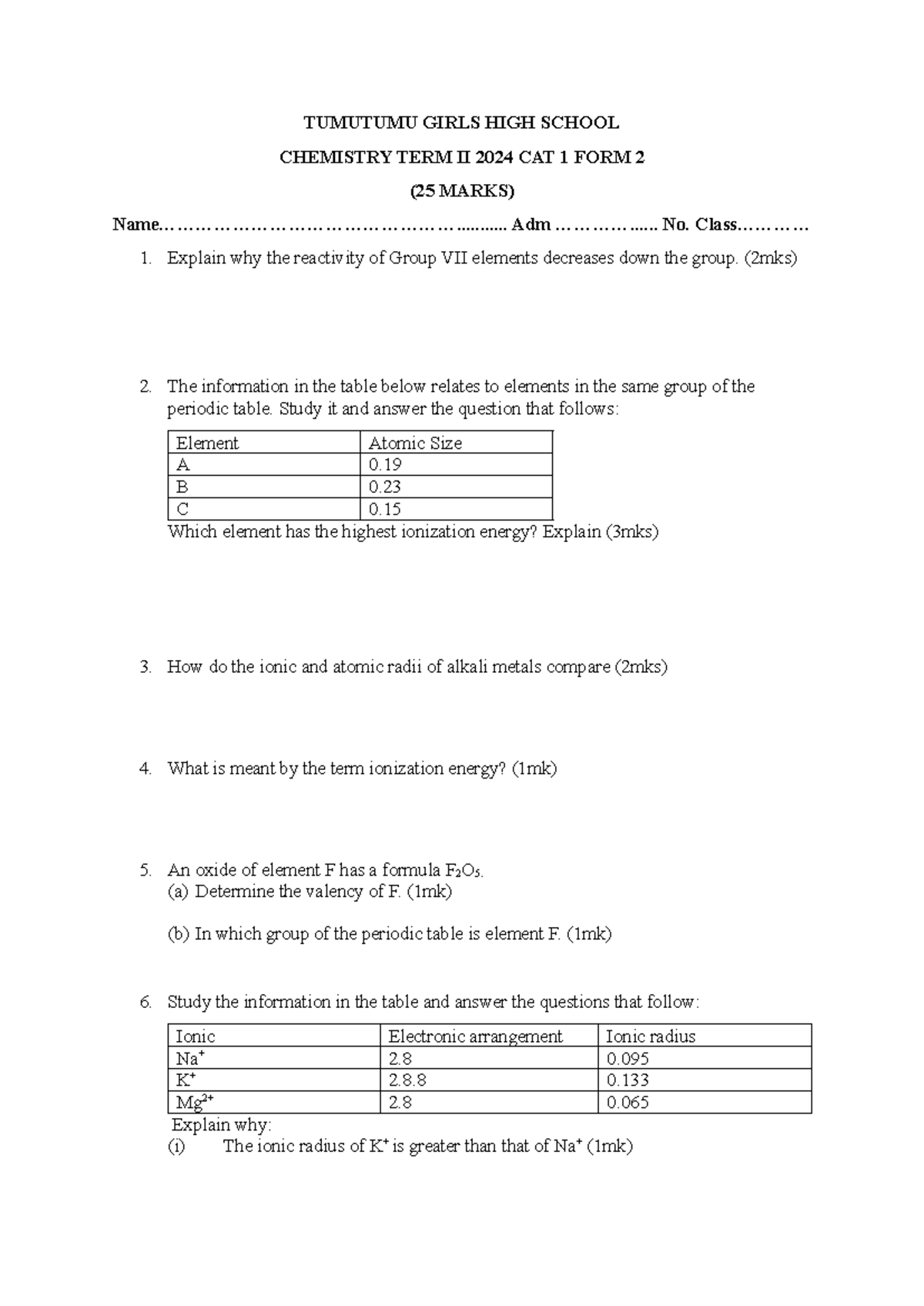 QUIZ FORM 2 - chemistry - TUMUTUMU GIRLS HIGH SCHOOL CHEMISTRY TERM II ...