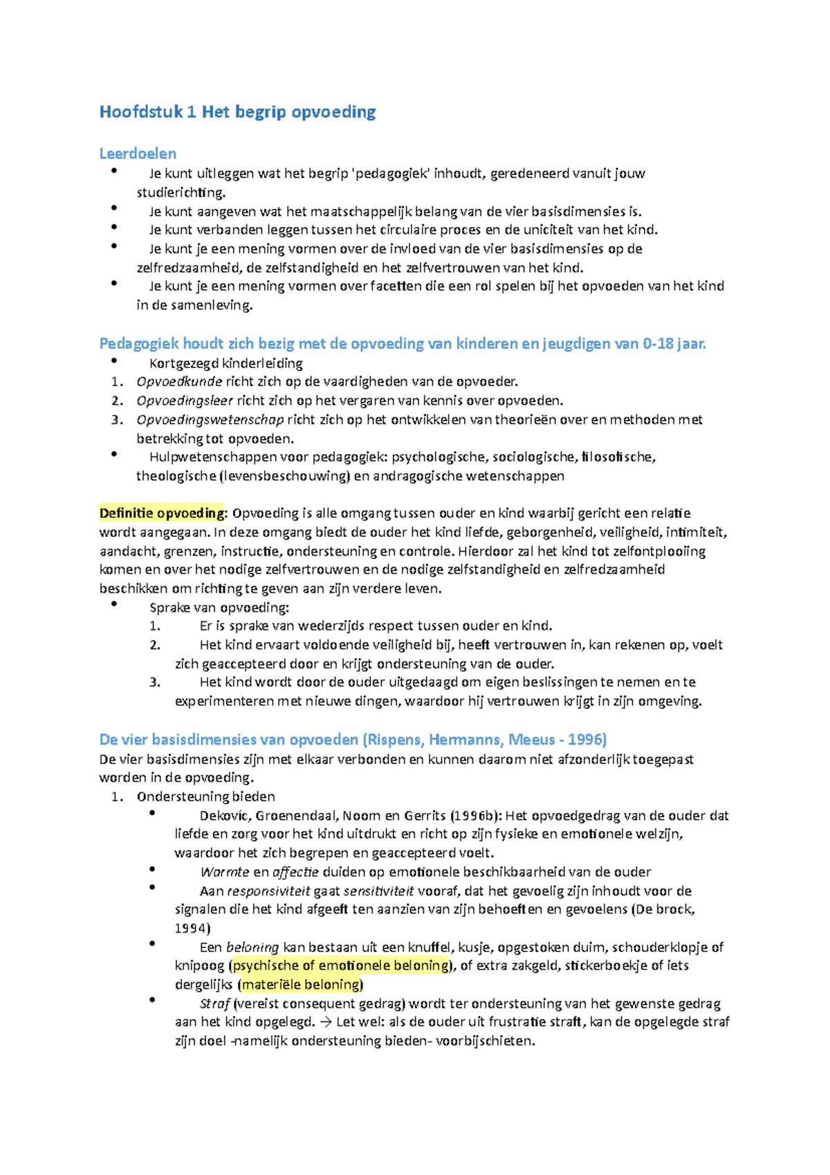 Agogiek Hoofdstuk 1 - Hoofdstuk 1 Het begrip opvoeding Leerdoelen - Studeersnel