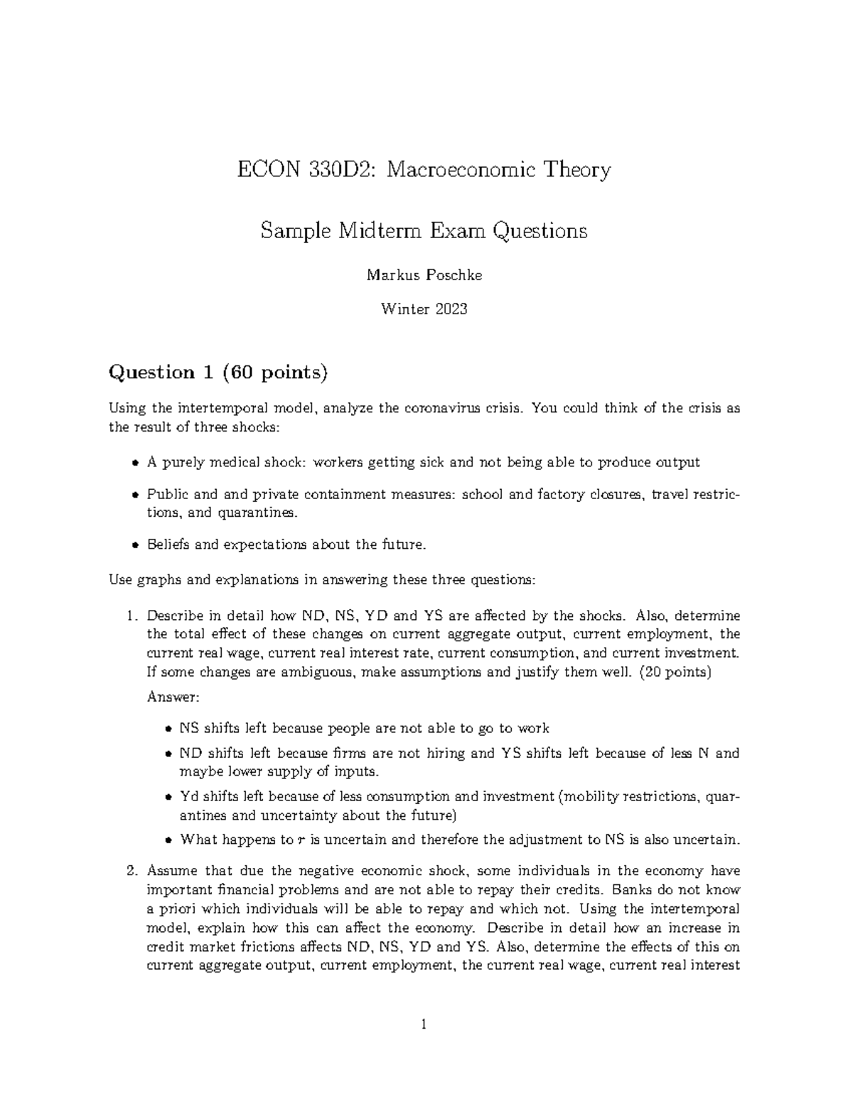 Sample midterm 1 - ECON 330D2: Macroeconomic Theory Sample Midterm Exam Questions Markus Poschke ...