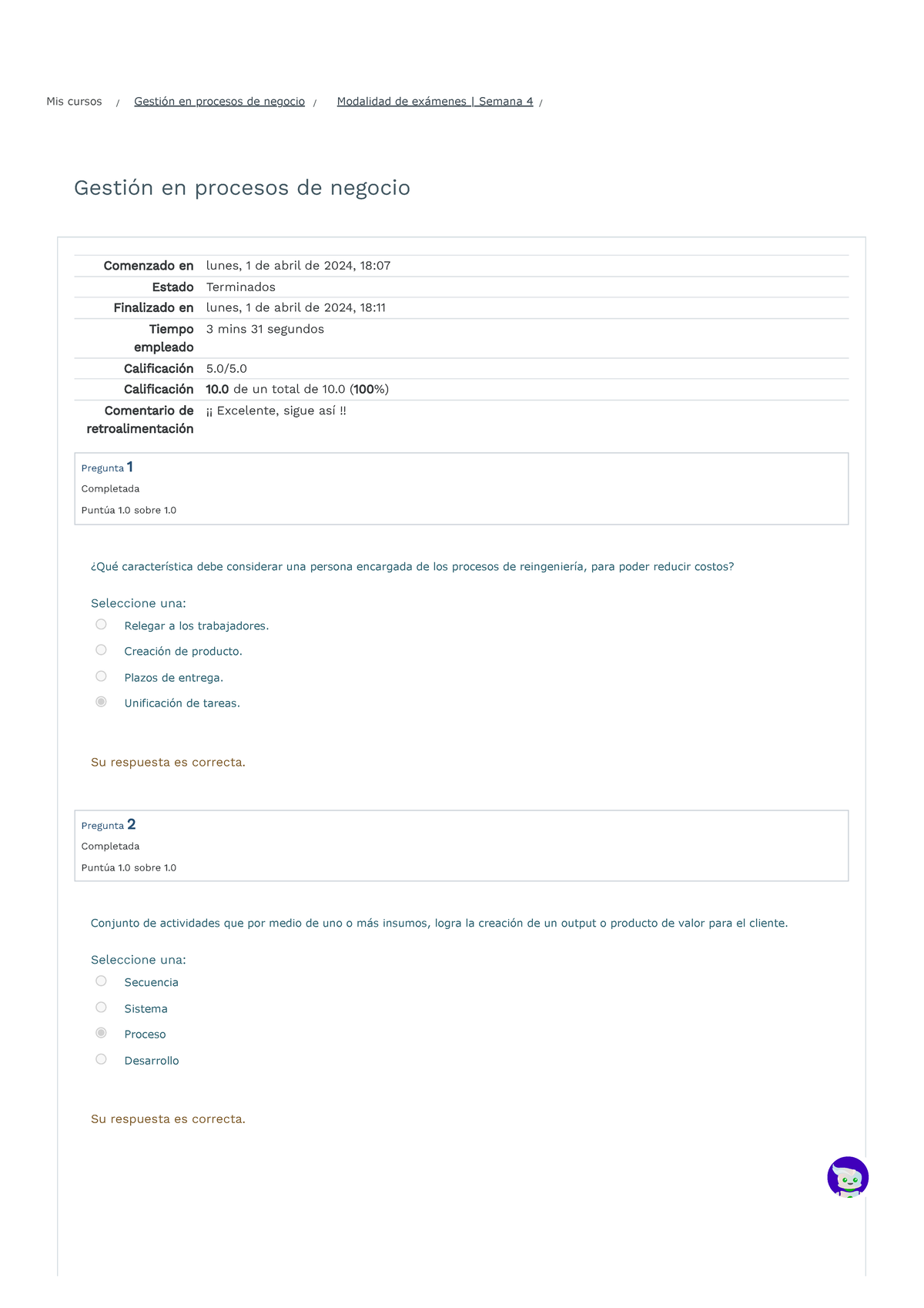 Gestion en procesos de negocio semana 4 examen - Gestión en procesos de negocio Comenzado en ...