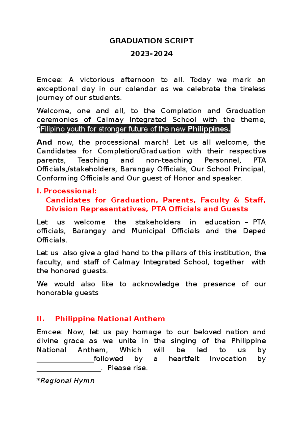 Script Emcee Graduation 2023-2024 - GRADUATION SCRIPT 2023- Emcee: A ...