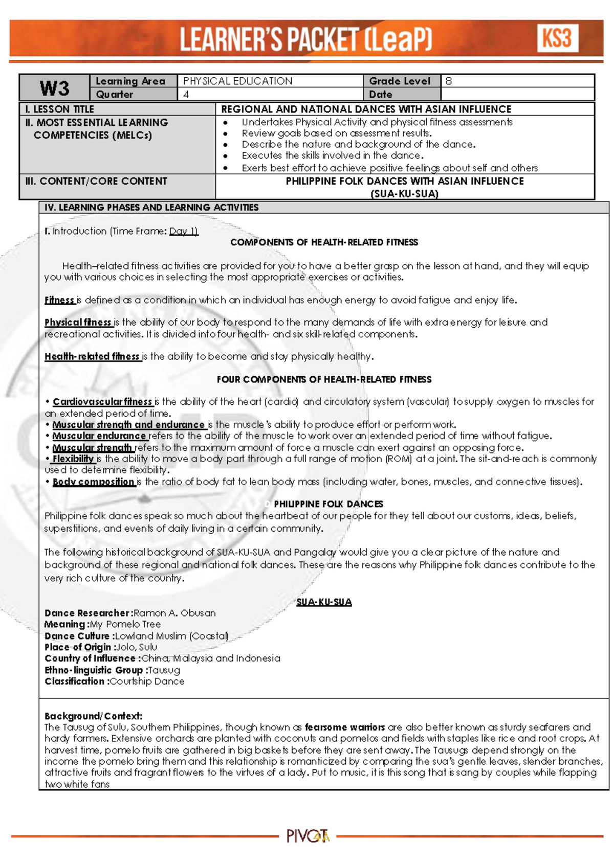 Q4 PE 8 Week3 - W 3 Learning Area PHYSICAL EDUCATION Grade Level 8 ...