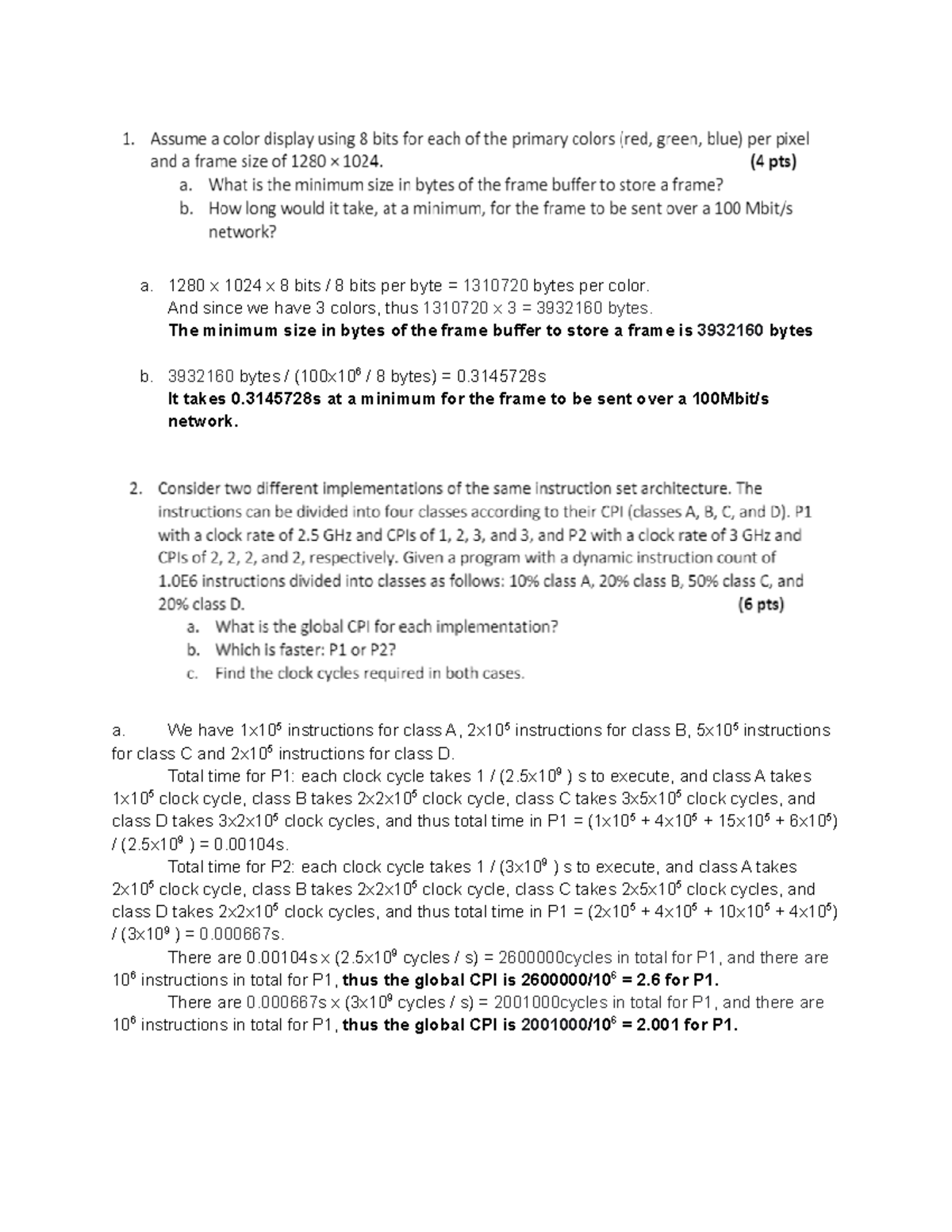 COEN 210 Assignment 1 - COEN 210 first assginment - a. 1280 x 1024 x 8 bits / 8 bits per byte ...