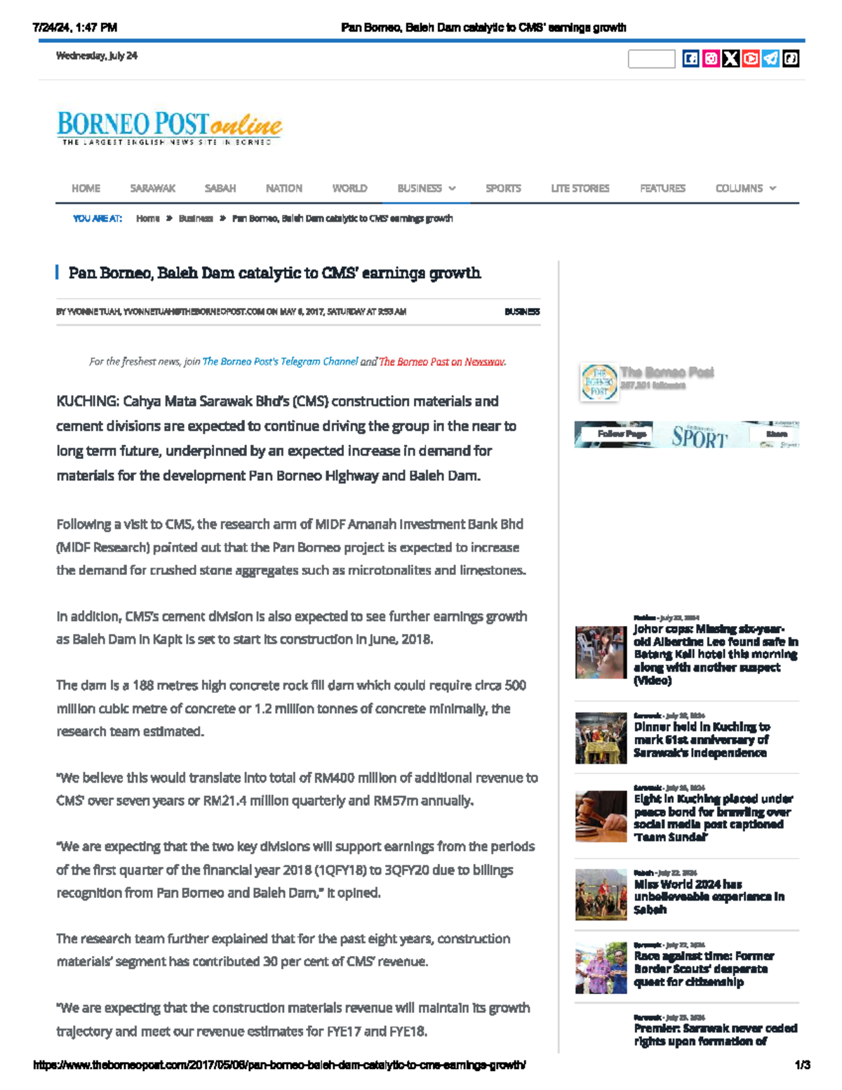 1 - info - 1:47 PM Pan Borneo, Baleh Dam catalytic to earnings growth ...