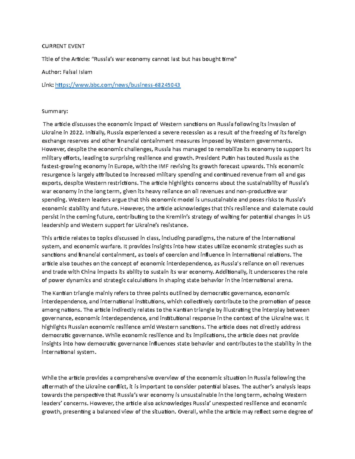 Current Event 1 - CURRENT EVENT Title of the Article: “Russia’s war ...