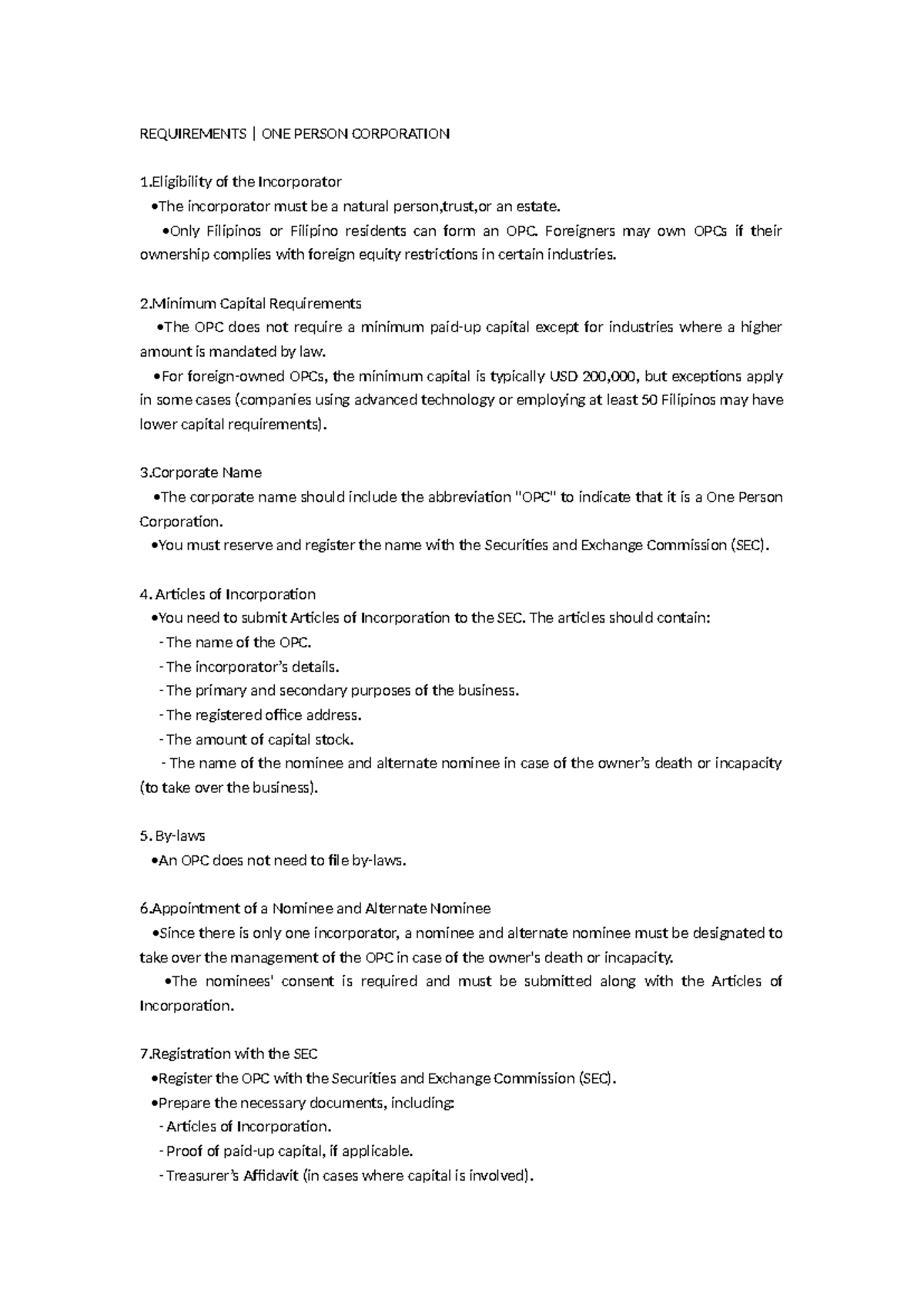 Requirements-OPC - one person corporation - REQUIREMENTS | ONE PERSON ...