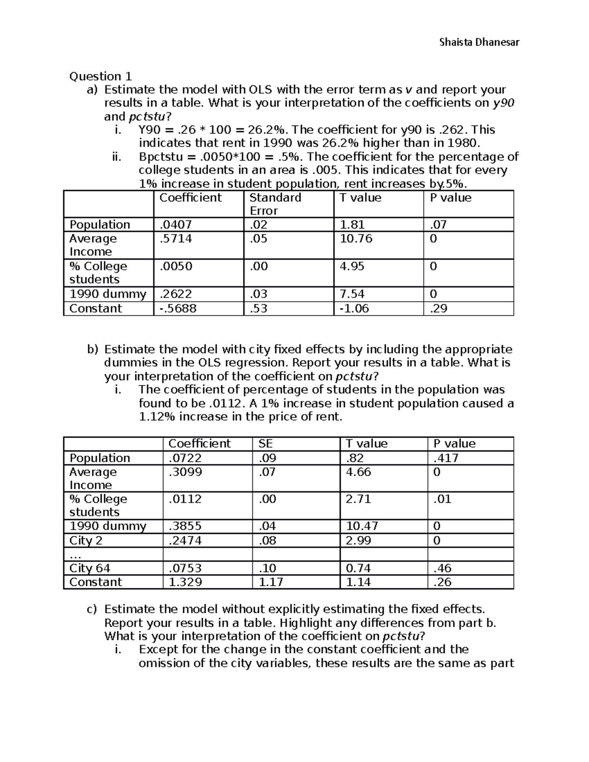 Interpreting OLS and Fixed Effects Models in Economics - Studocu