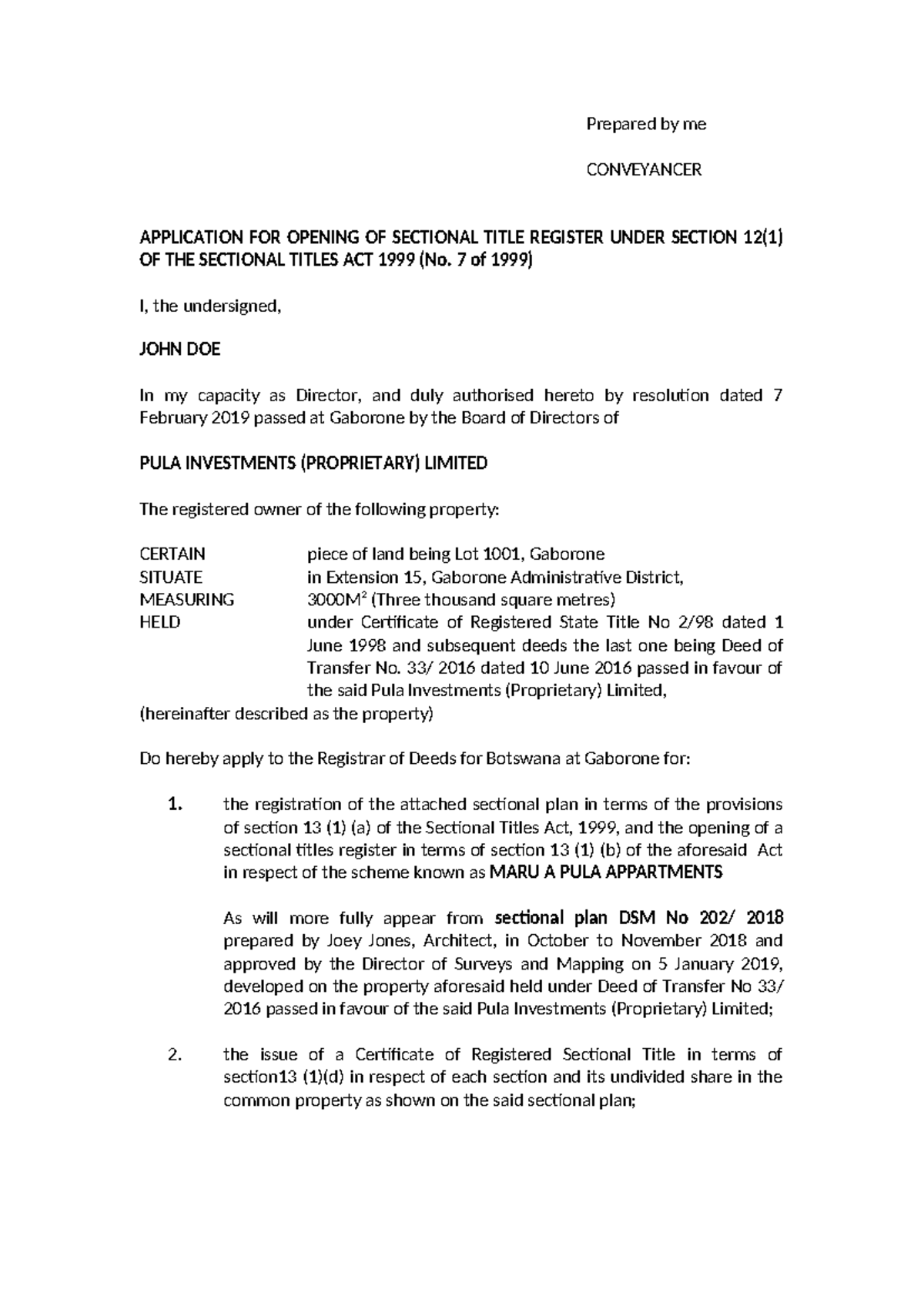 Model application for registration of a sectional pan and opening of ...