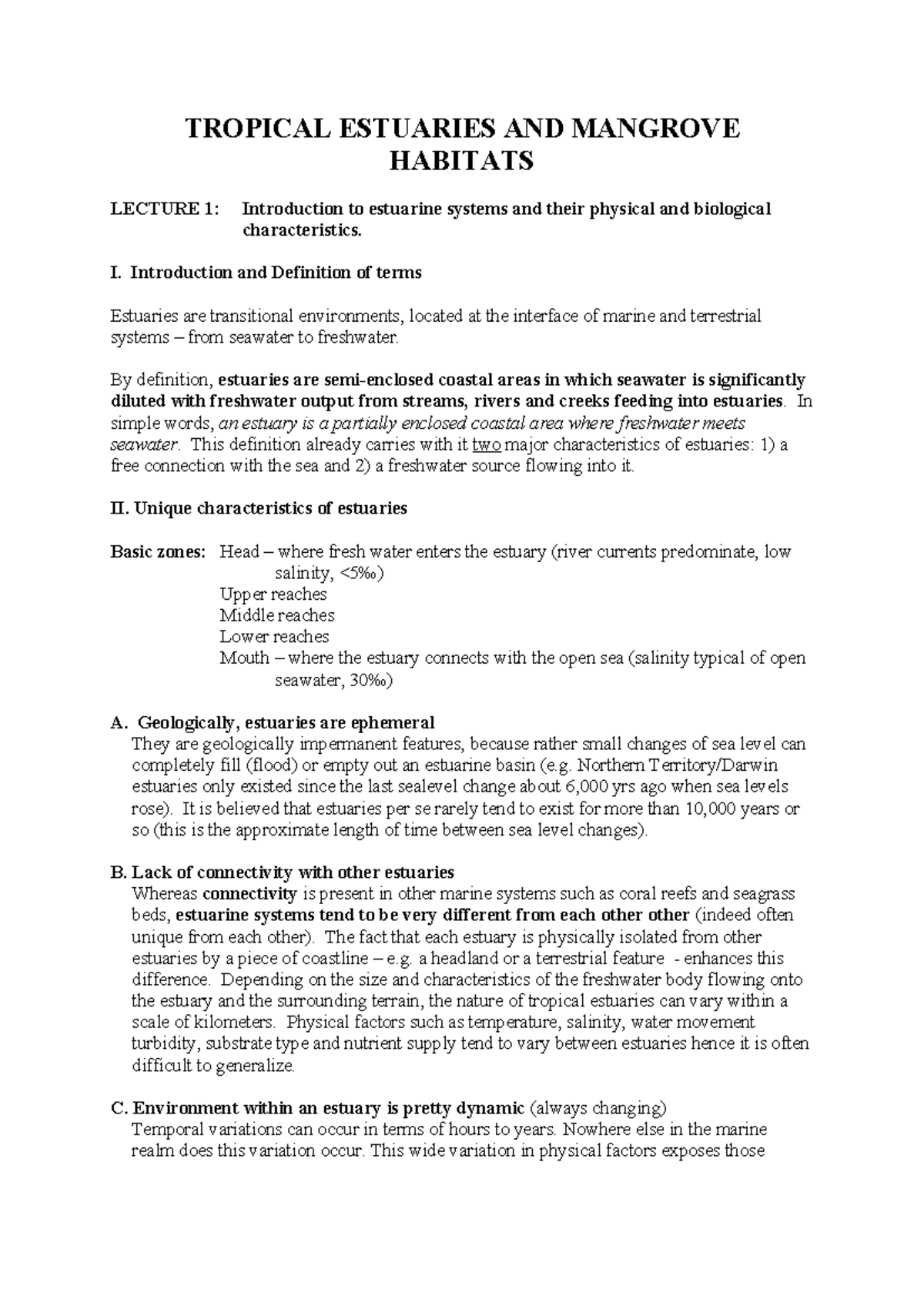SUMMARY NOTES - Estuaries Lecture Series - TROPICAL ESTUARIES AND ...