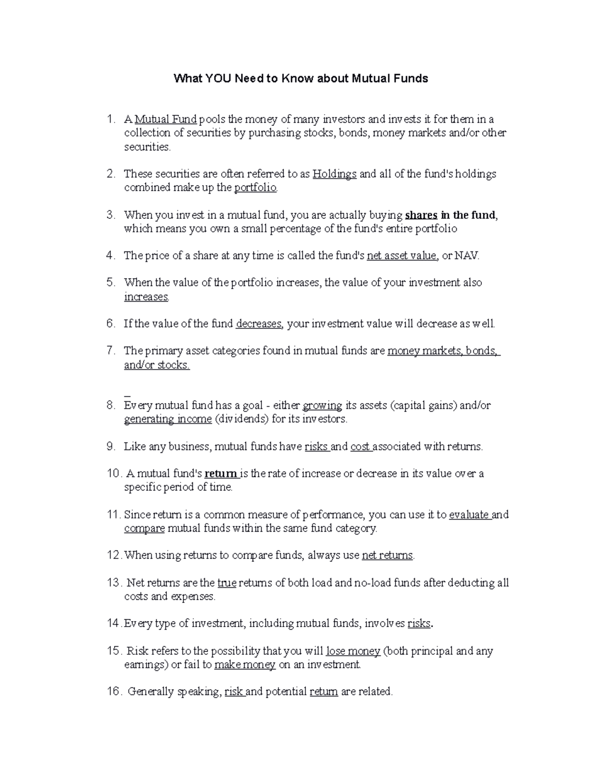 Mutual Fund Note-taking sheet - What YOU Need to Know about Mutual ...