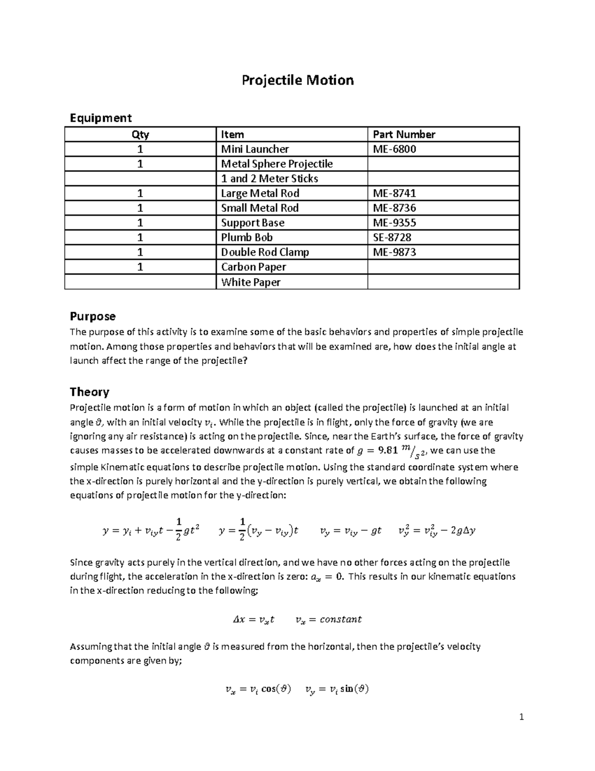 Filee - yogurt sauce - Projectile Motion Equipment Qty Item Part Number ...