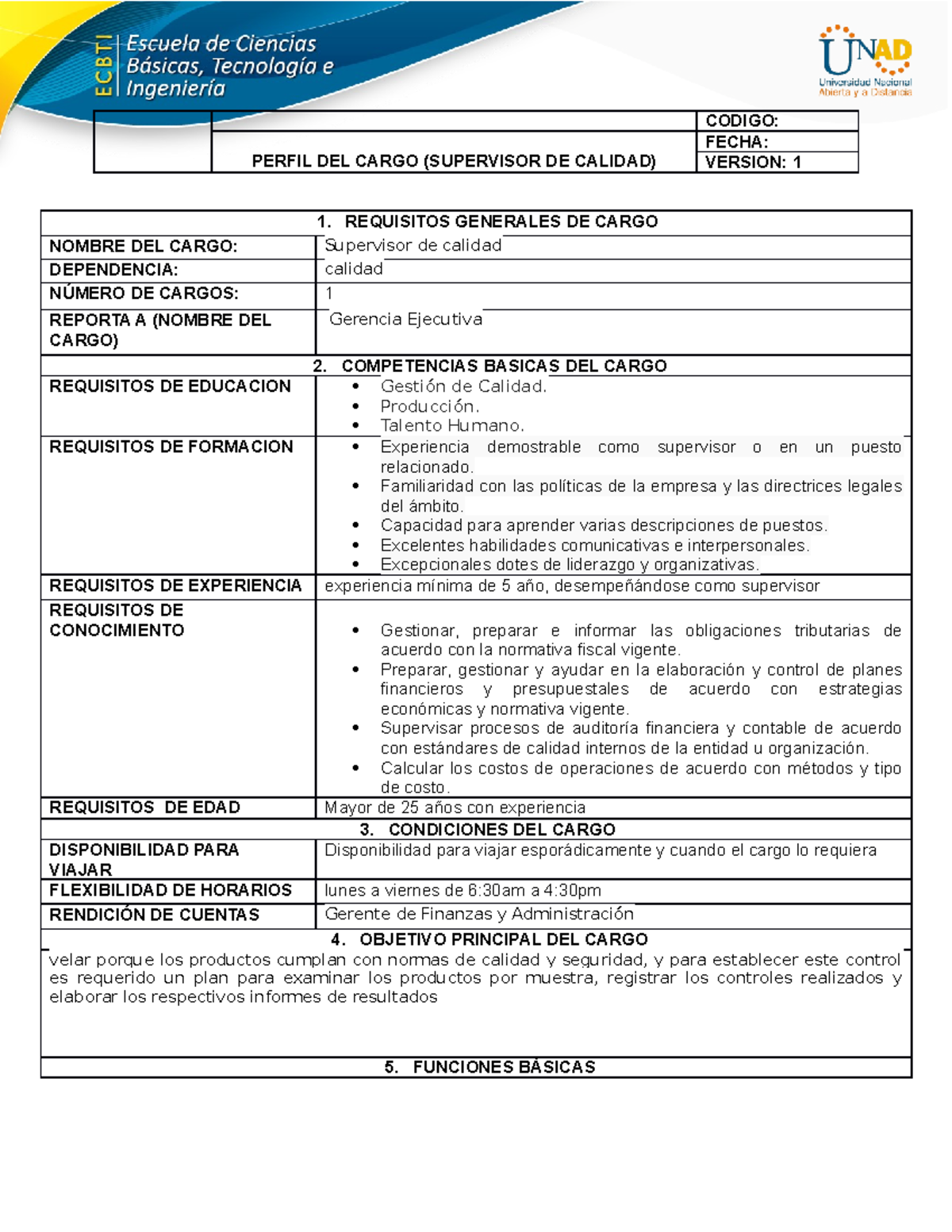 Anexo 4. Perfil del Supervisor de calidad - CODIGO: PERFIL DEL CARGO ...