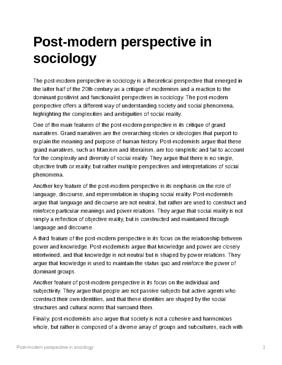 Post-modern perspective in sociology - The post-modern perspective ...