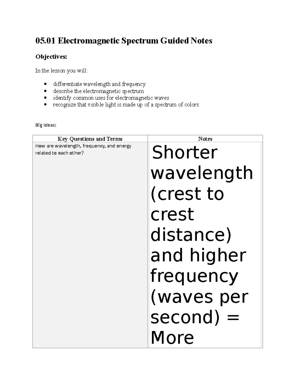 05 01 notes - 05 Electromagnetic Spectrum Guided Notes Objectives: In ...